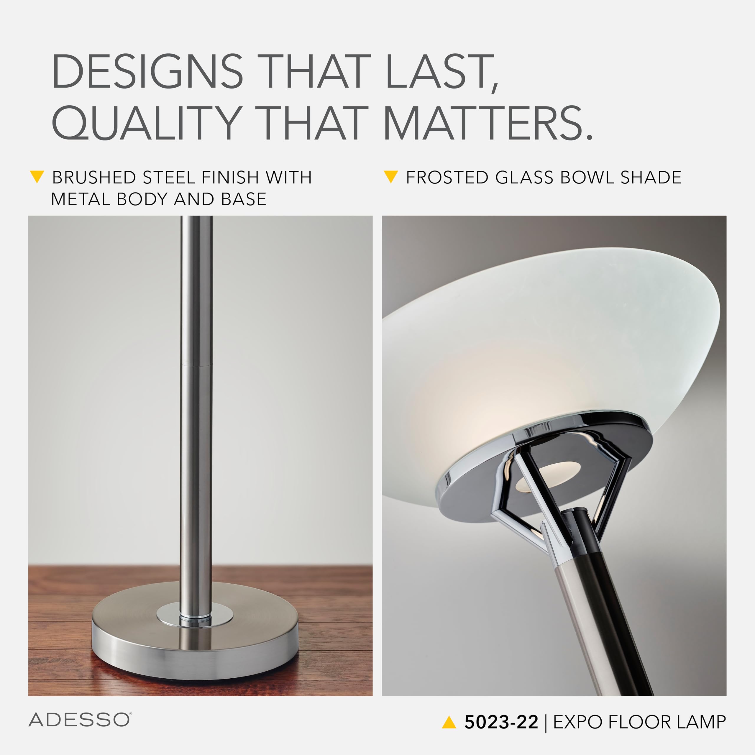 Adesso 5023-22 Expo 300W Torchiere, 71.5 in, 2 x 150W Incandescent/LED, Brushed Steel/Chrome Finish, 1 Floor Lamp