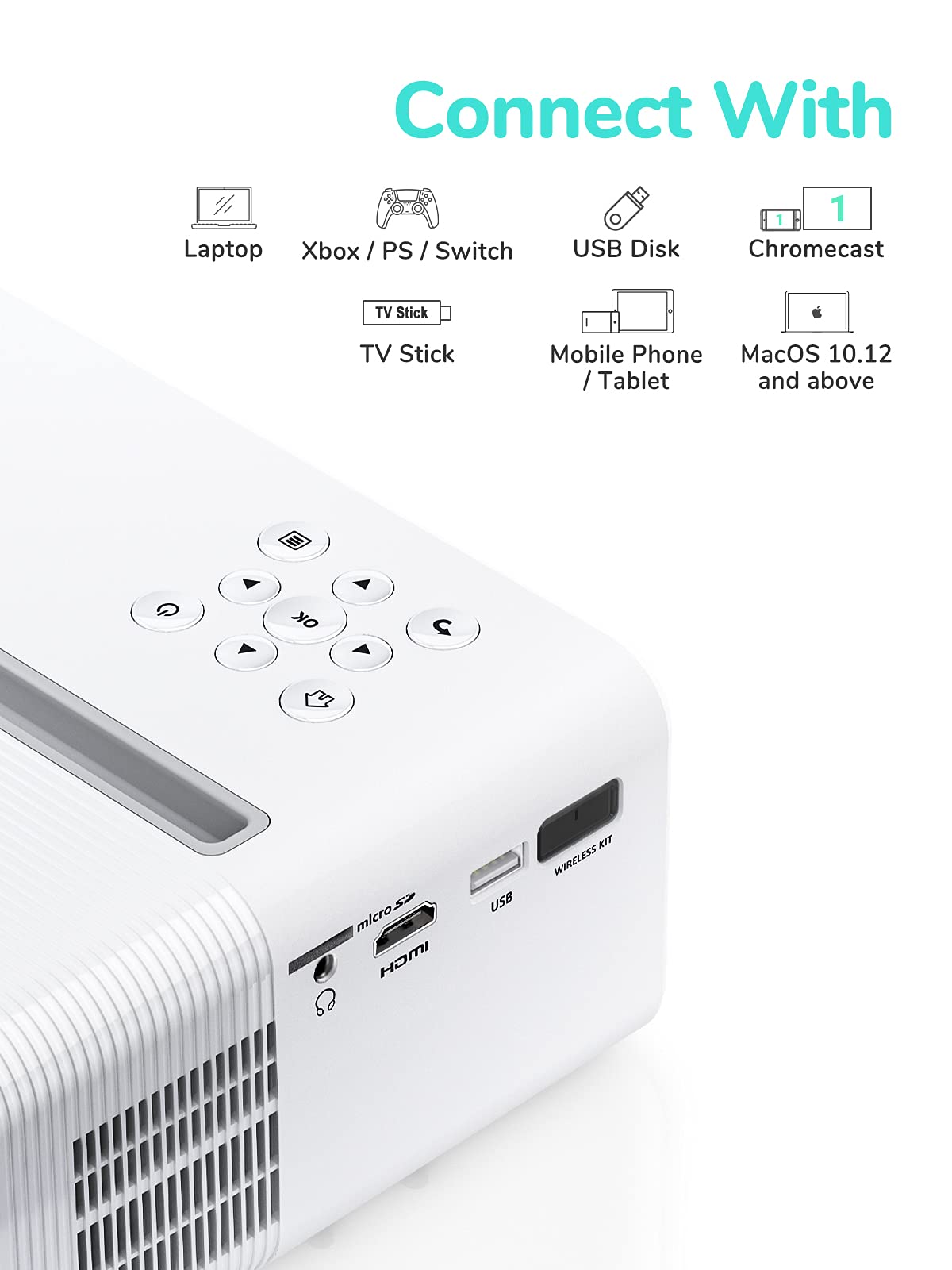 4K Projector, Projector with WiFi and Bluetooth, Portable Movie Projector with Remote, Home Theater Video Projector Compatible with HDMI, USB, MicroSD, Laptop, iOS & Android