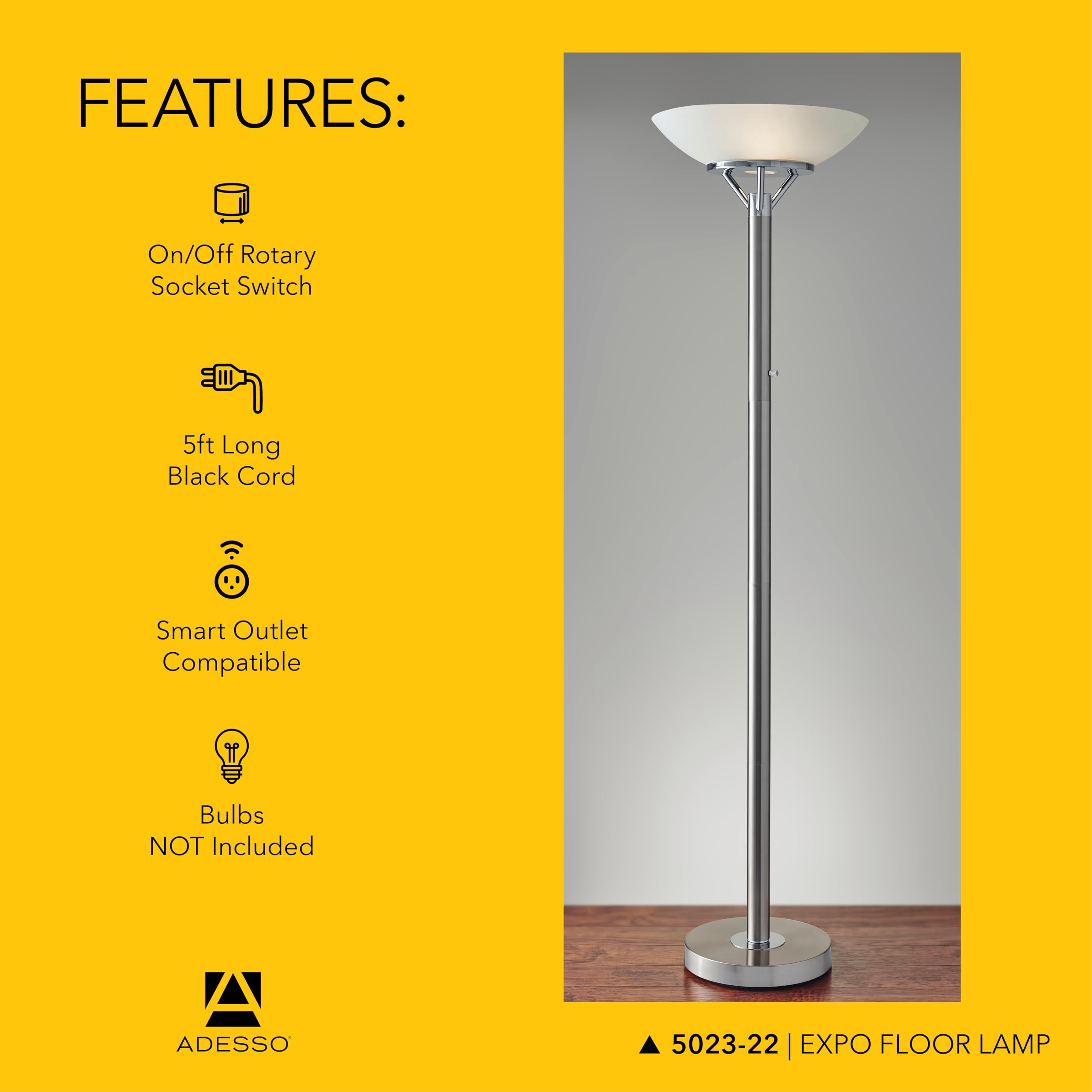 Adesso 5023-22 Expo 300W Torchiere, 71.5 in, 2 x 150W Incandescent/LED, Brushed Steel/Chrome Finish, 1 Floor Lamp