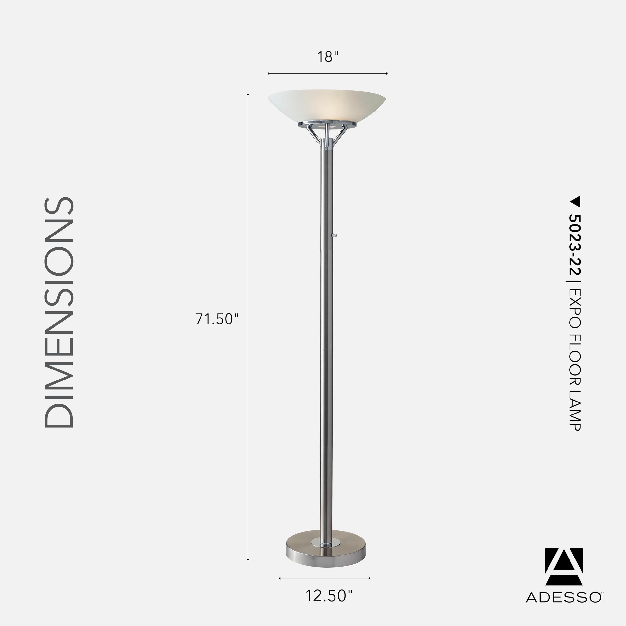 Adesso 5023-22 Expo 300W Torchiere, 71.5 in, 2 x 150W Incandescent/LED, Brushed Steel/Chrome Finish, 1 Floor Lamp