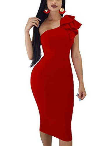 Mokoru Women's Sexy Ruffle One Shoulder Bodycon Elegant Cocktail Party Midi Dresses, Small, Red