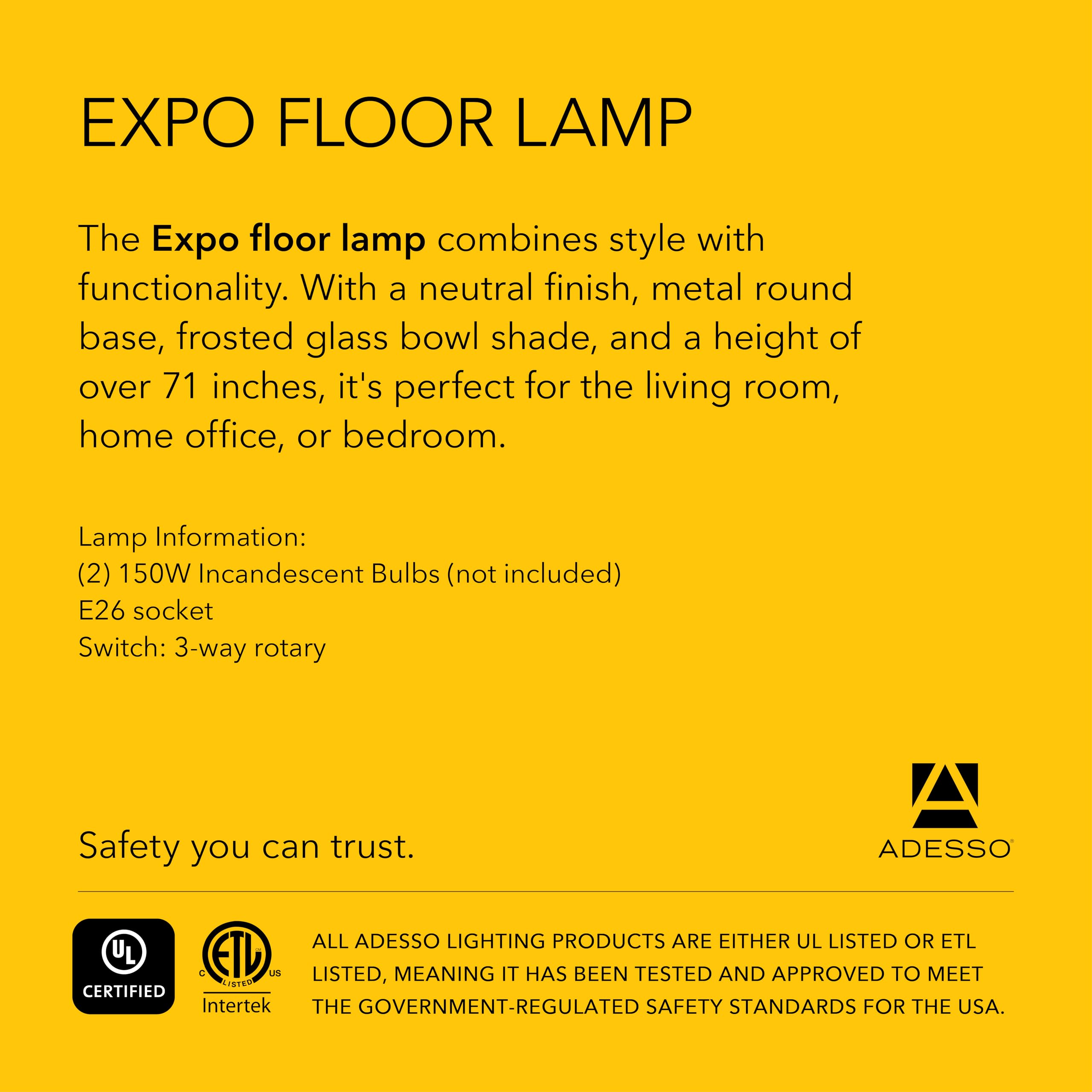 Adesso 5023-22 Expo 300W Torchiere, 71.5 in, 2 x 150W Incandescent/LED, Brushed Steel/Chrome Finish, 1 Floor Lamp