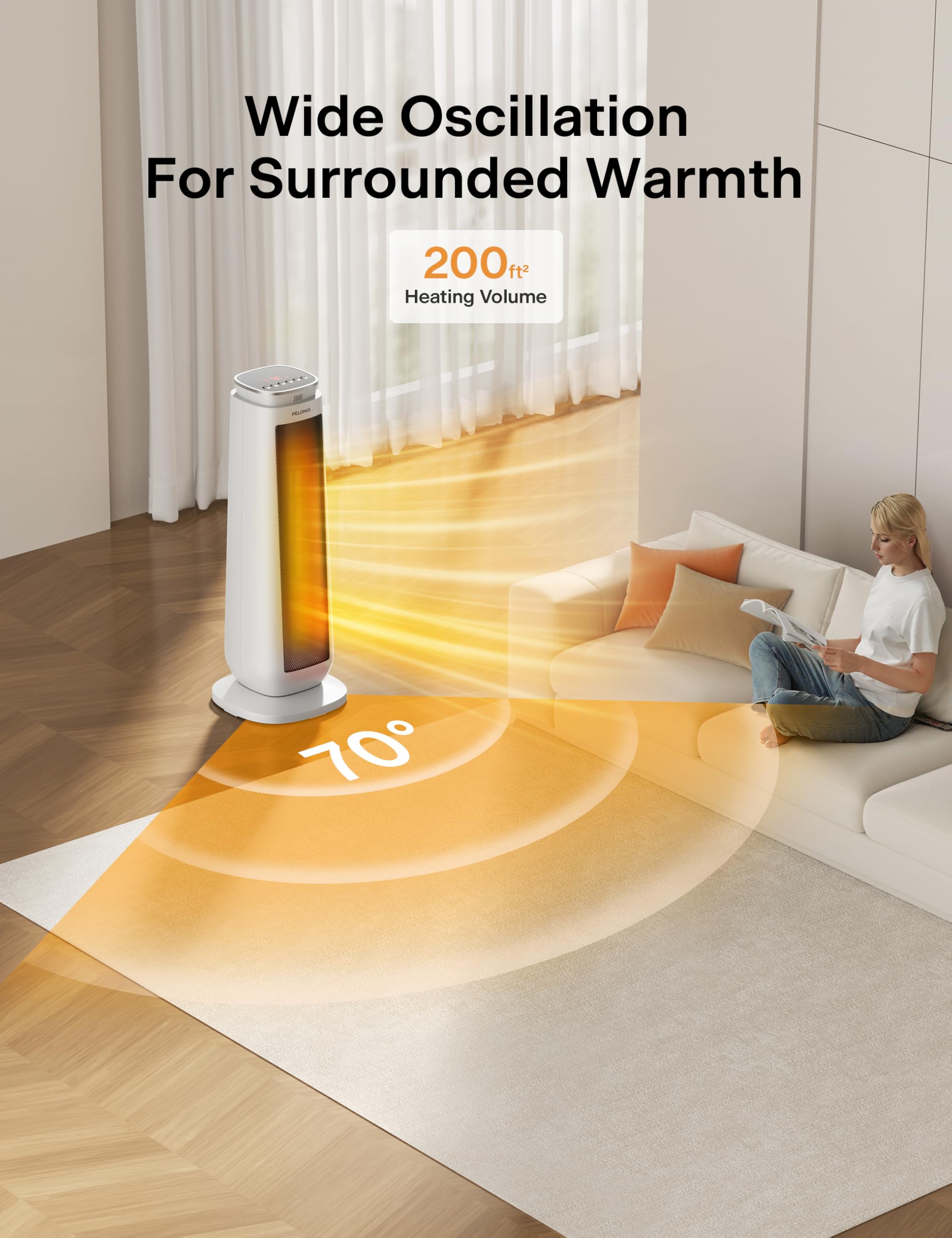 PELONIS PHTPU1501 Ceramic Tower 1500W Indoor Space Heater with Oscillation, Remote Control, Programmable Thermostat & 8H Timer, ECO Mode, Tip-Over Switch & Overheating Protection, White
