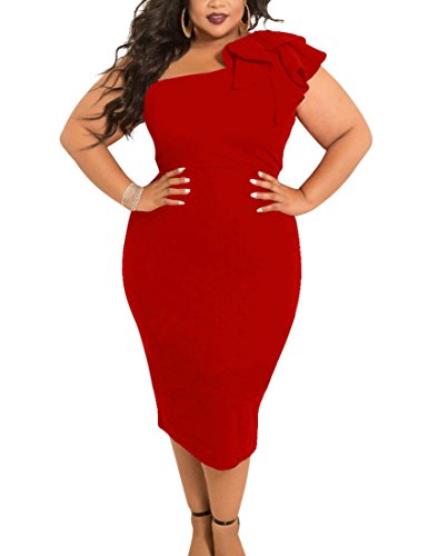 Mokoru Women's Sexy Ruffle One Shoulder Bodycon Elegant Cocktail Party Midi Dresses, Small, Red