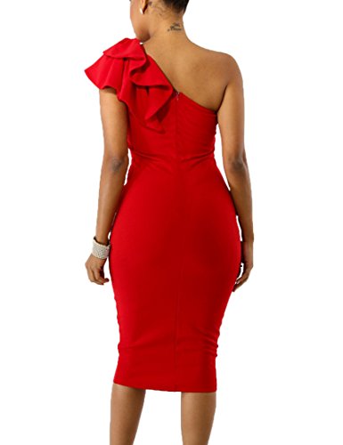 Mokoru Women's Sexy Ruffle One Shoulder Bodycon Elegant Cocktail Party Midi Dresses, Small, Red