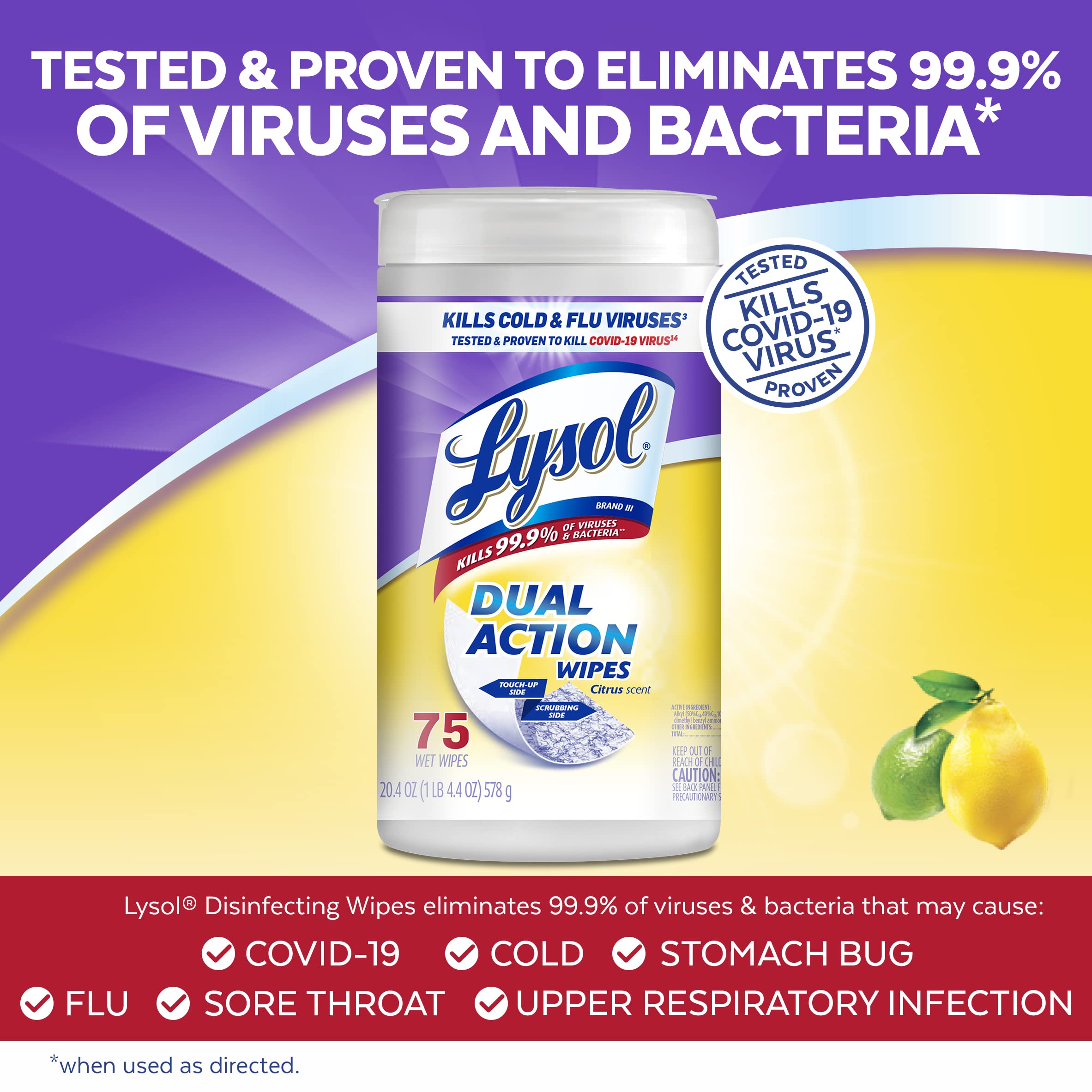 Lysol Dual Action Disinfectant Wipes, Multi-Surface Antibacterial Scrubbing Wipes, For Disinfecting and Cleaning, Citrus Scent, 75ct