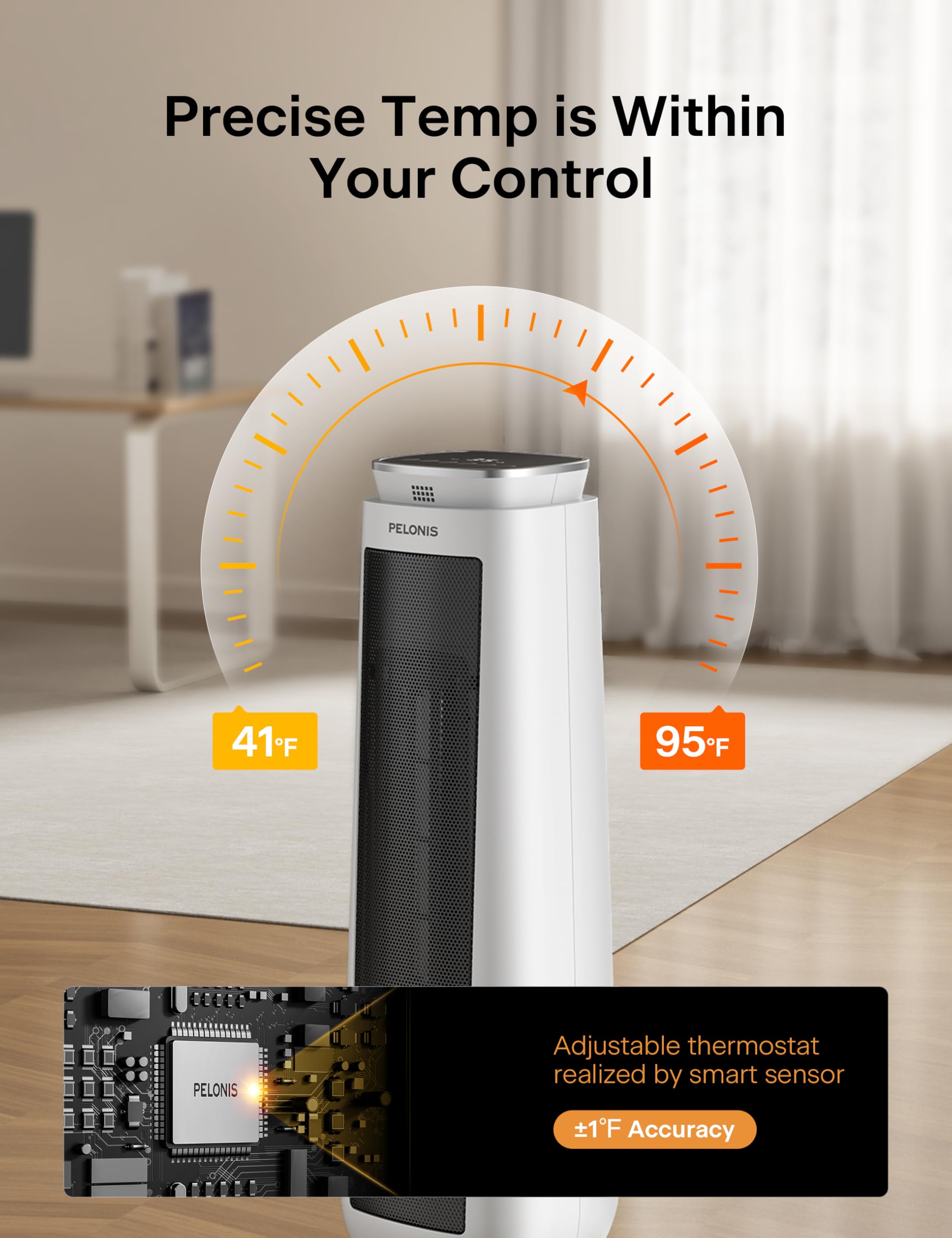 PELONIS PHTPU1501 Ceramic Tower 1500W Indoor Space Heater with Oscillation, Remote Control, Programmable Thermostat & 8H Timer, ECO Mode, Tip-Over Switch & Overheating Protection, White
