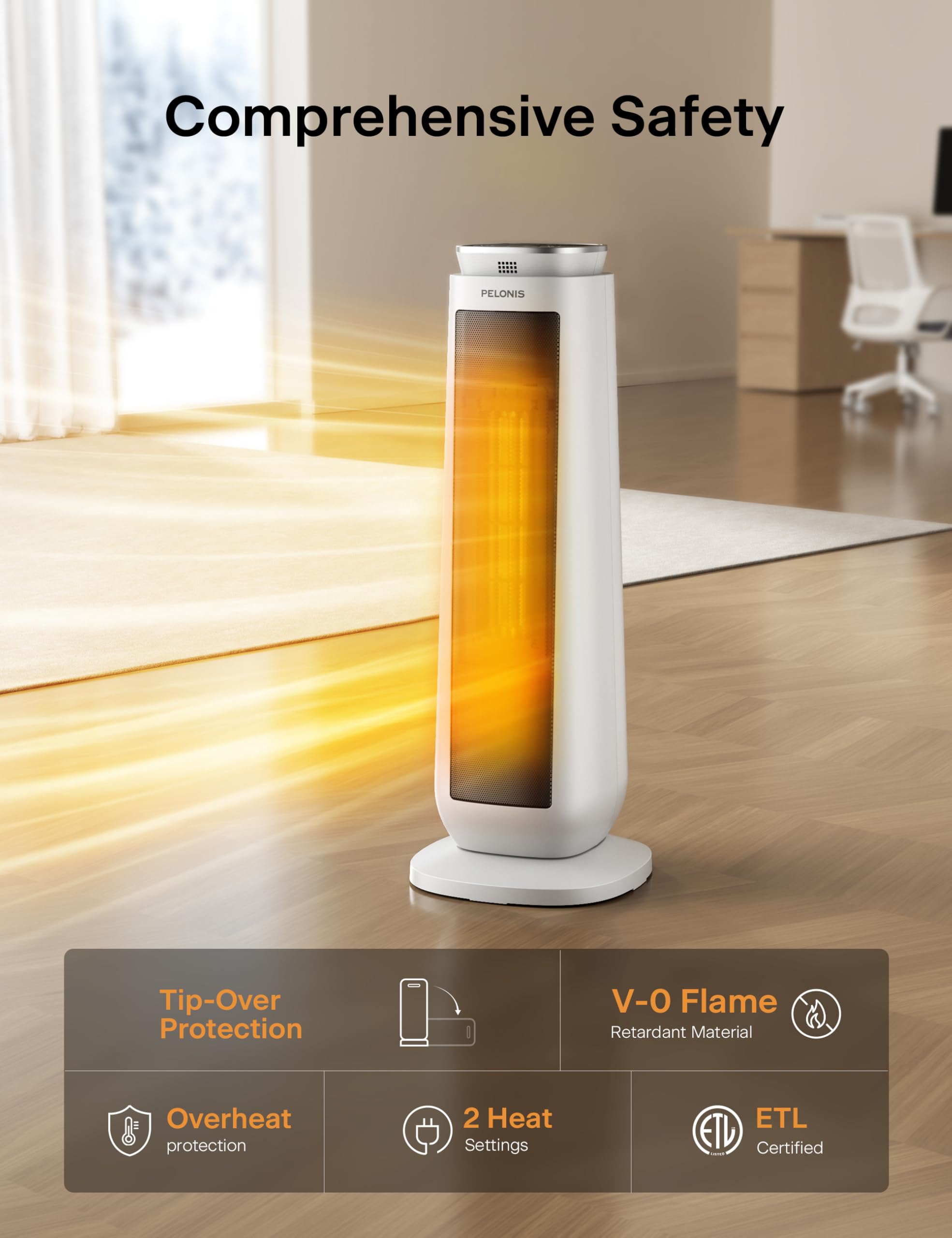 PELONIS PHTPU1501 Ceramic Tower 1500W Indoor Space Heater with Oscillation, Remote Control, Programmable Thermostat & 8H Timer, ECO Mode, Tip-Over Switch & Overheating Protection, White