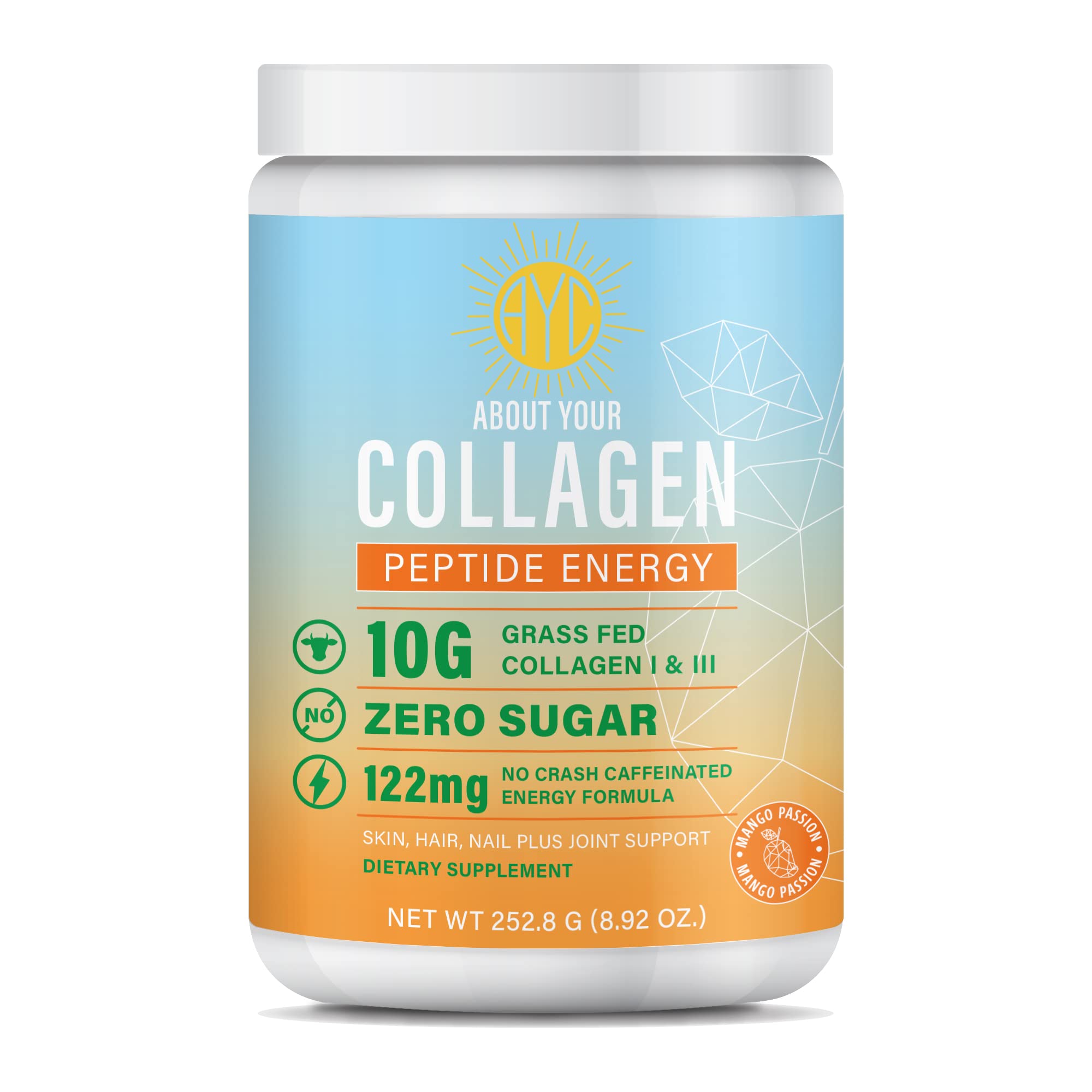 ABOUT YOUR COLLAGEN Peptide Energy Collagen Powder Hair, Nail, Skin, Type I & III,Caffeine for Energy, Vitamin C, Biotin, Hyaluronic Acid, Zero Sugar – 8.92 oz (Mango Passion)