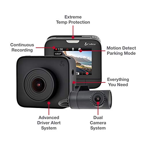 Cobra Dash Camera DASH2216D - 1080p Full HD Front Cam and 720p HD Rear Cam, 16GB MicroSD Included, Loop Recording, G-Sensor Auto Accident Detection, 160 Degree Ultra Wide Angle DVR, 2 Inch Screen