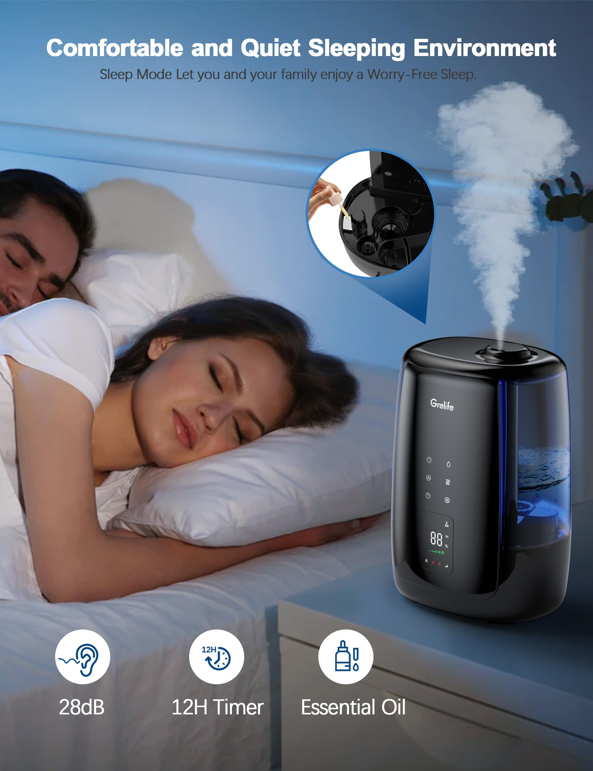Ultrasonic Cool and Warm Mist Humidifier,Grelife Smart Humidifiers with 5L Removeable Water Tank&Remote,Essential Oil Diffuse,360° Nozzle,Auto ShutOff,Up to 50 Hours Super Quiet for Bedroom&Large Room