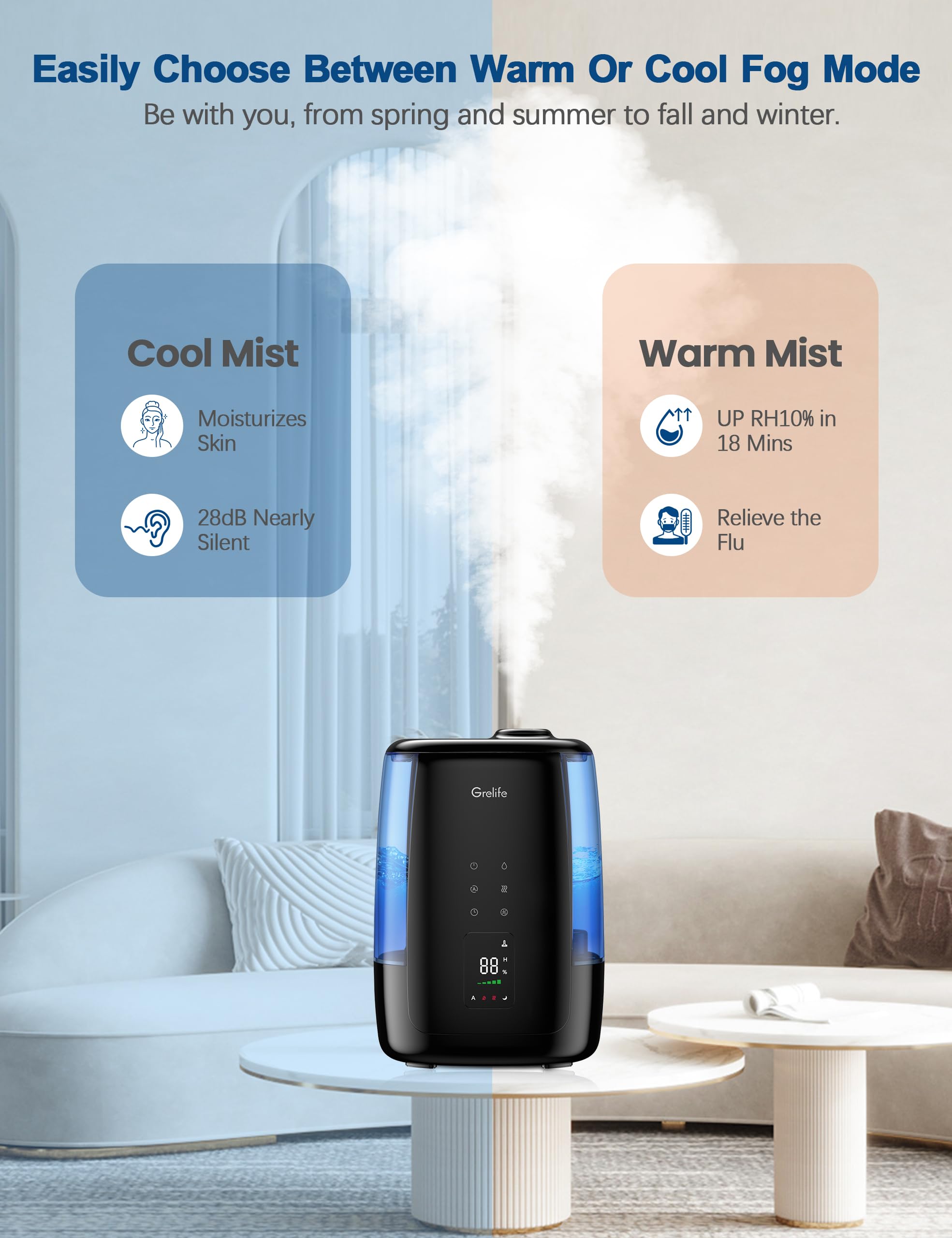 Ultrasonic Cool and Warm Mist Humidifier,Grelife Smart Humidifiers with 5L Removeable Water Tank&Remote,Essential Oil Diffuse,360° Nozzle,Auto ShutOff,Up to 50 Hours Super Quiet for Bedroom&Large Room