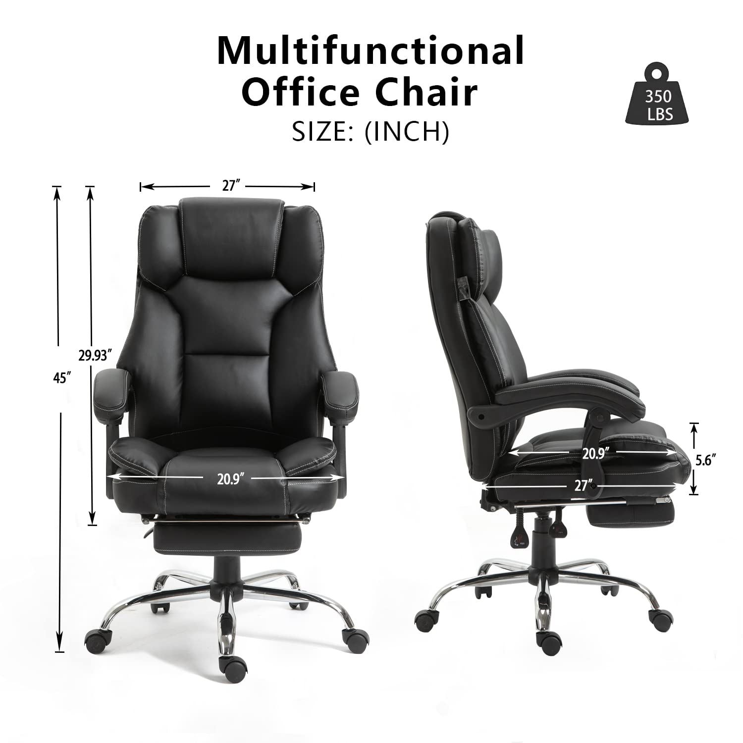 Executive Office Chair Task Chair, High Back Adjustable Reclining PU Leather Home Office Computer Swivel Desk Chair, Ergonomic Chair with Footrest Support(Black)