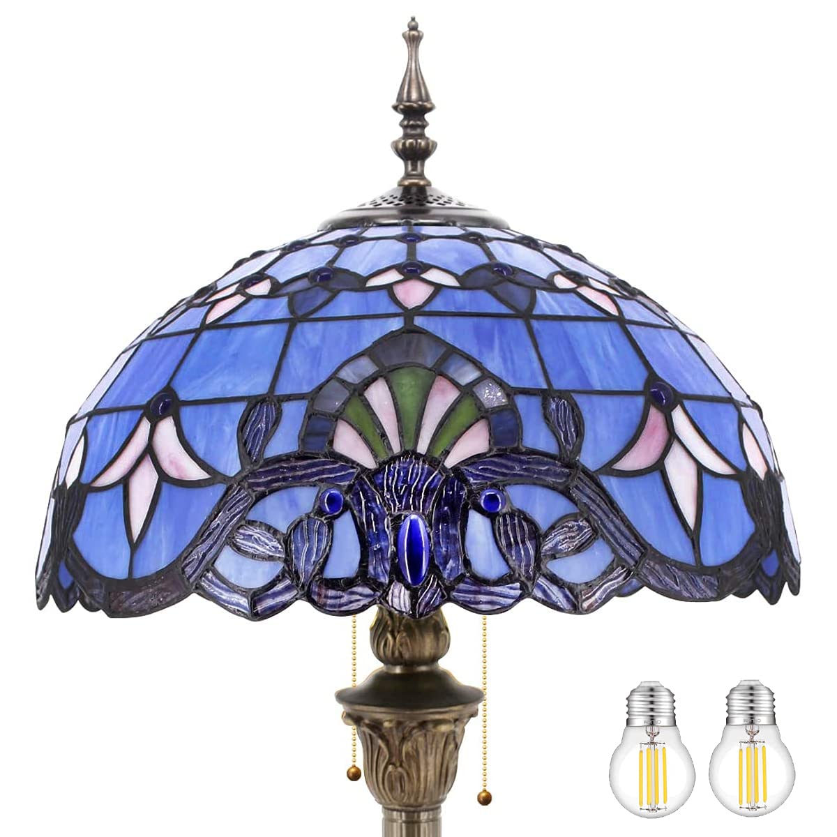 WERFACTORY Tiffany Floor Lamp Blue Purple Baroque Stained Glass Standing Reading Light 16X16X64 Inches Antique Pole Corner Lamp Decor Bedroom Living Room Home Office S003C Series