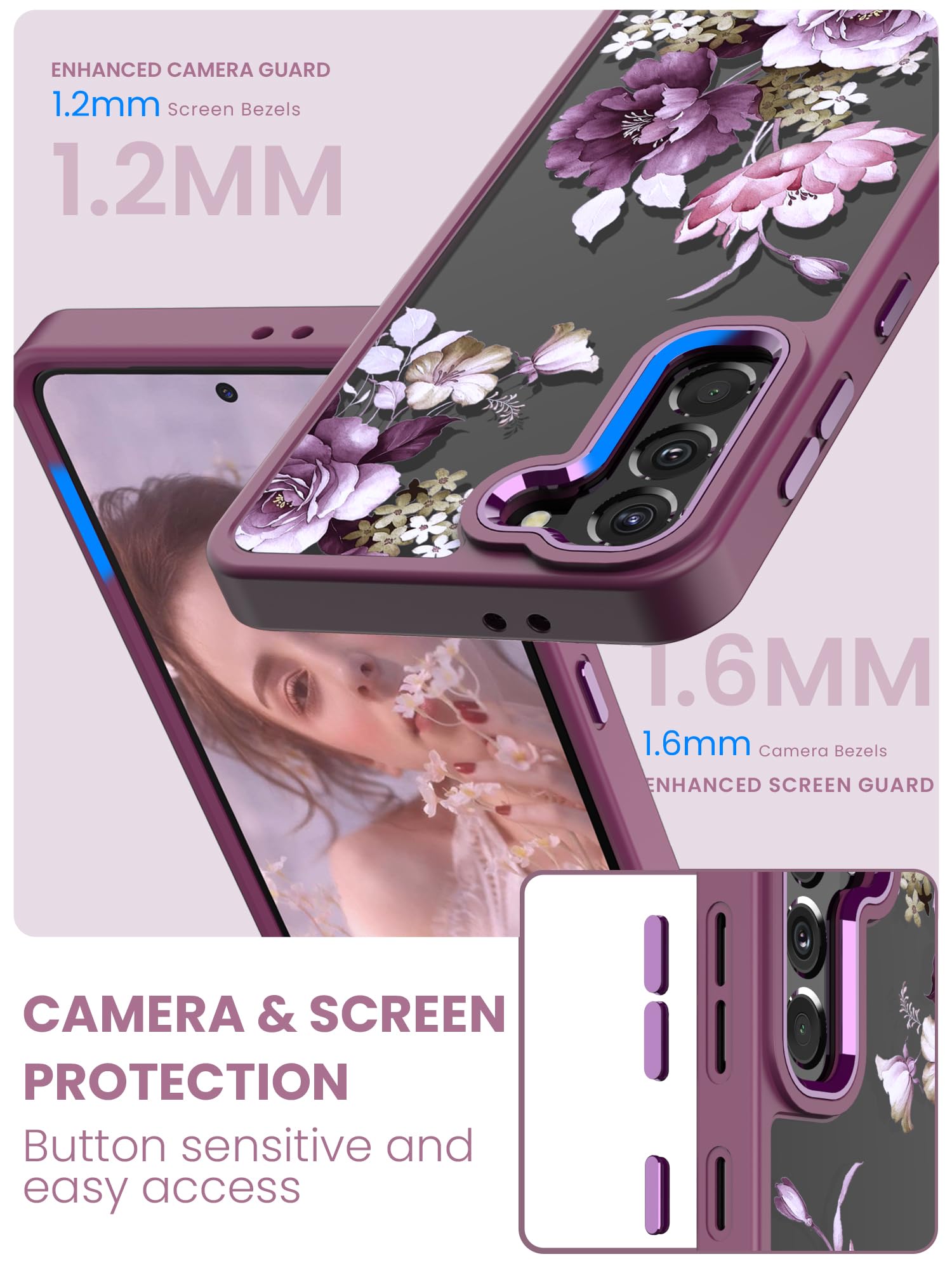 Dretal for Samsung Galaxy S21 5G Case Floral, Military Grade Drop Tested Hard Back & Soft Edge Slim Flower Women Girls Phone Protective Cover + Tempered Glass Screen Protector for Galaxy S21(Purple)