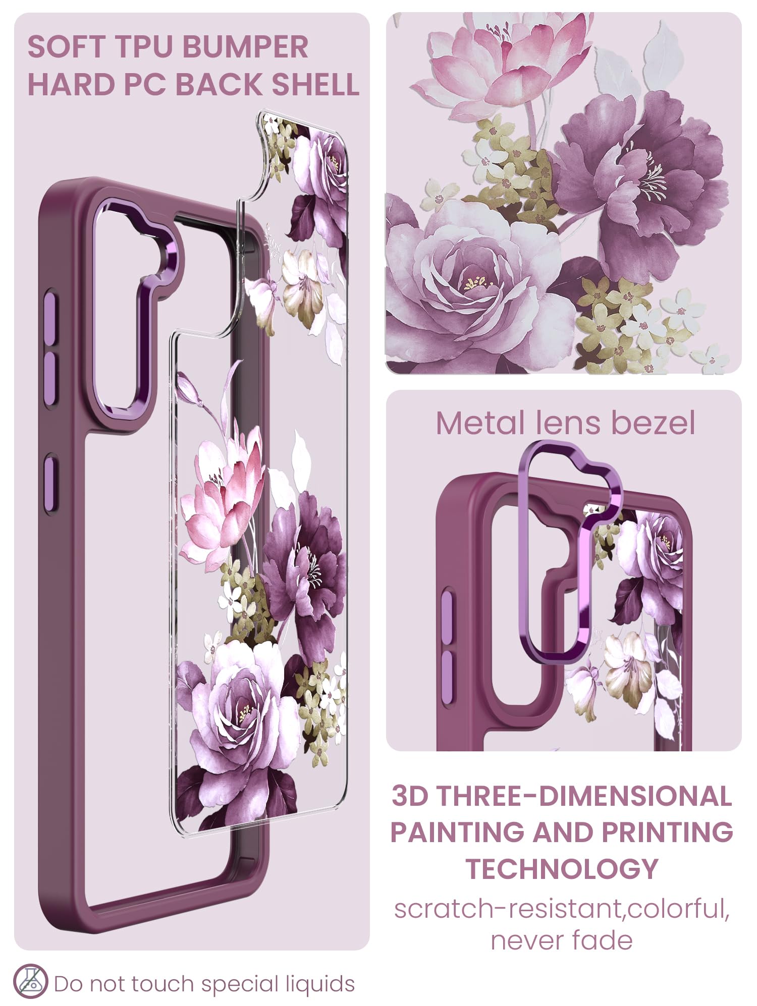 Dretal for Samsung Galaxy S21 5G Case Floral, Military Grade Drop Tested Hard Back & Soft Edge Slim Flower Women Girls Phone Protective Cover + Tempered Glass Screen Protector for Galaxy S21(Purple)