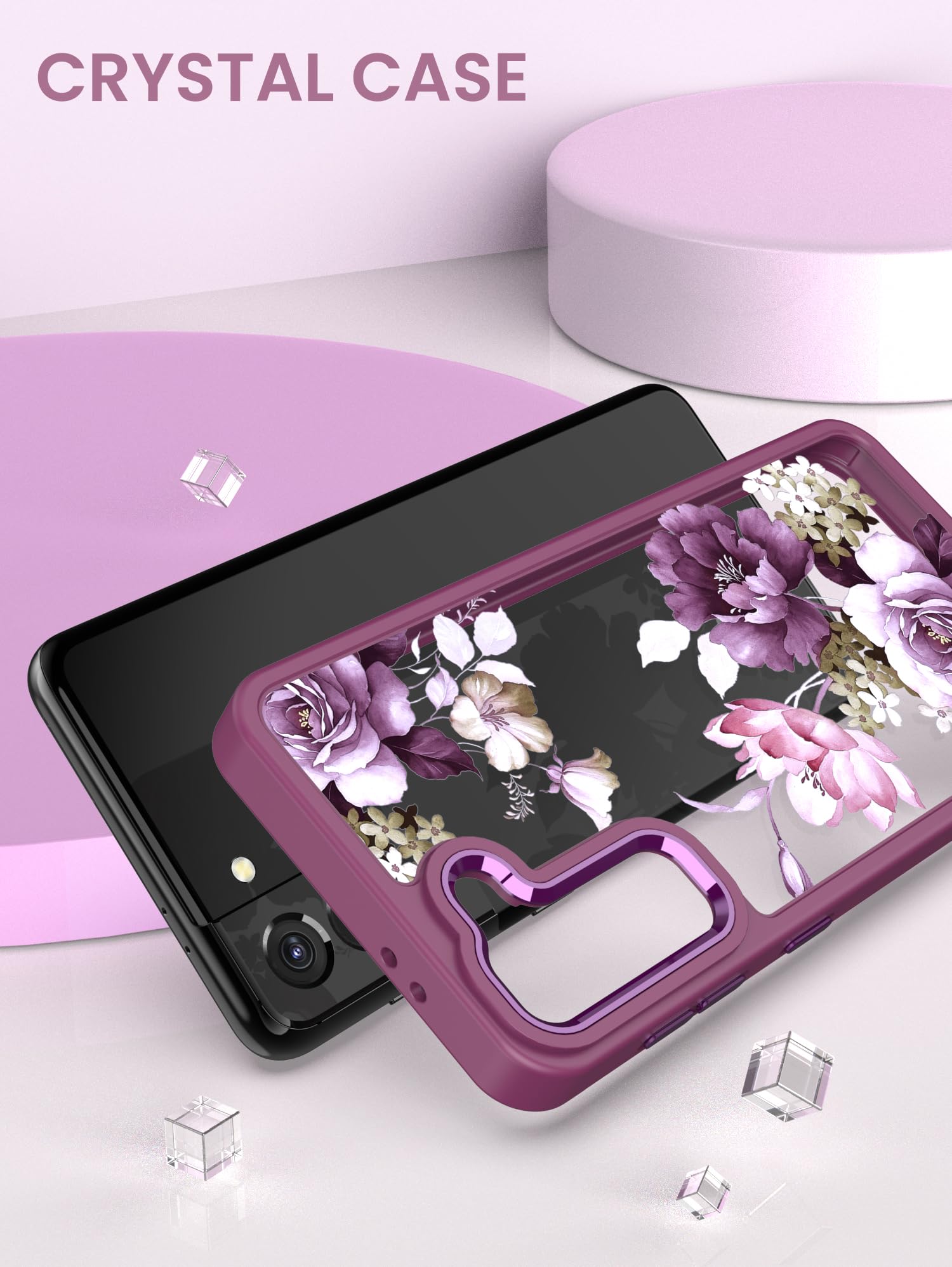 Dretal for Samsung Galaxy S21 5G Case Floral, Military Grade Drop Tested Hard Back & Soft Edge Slim Flower Women Girls Phone Protective Cover + Tempered Glass Screen Protector for Galaxy S21(Purple)