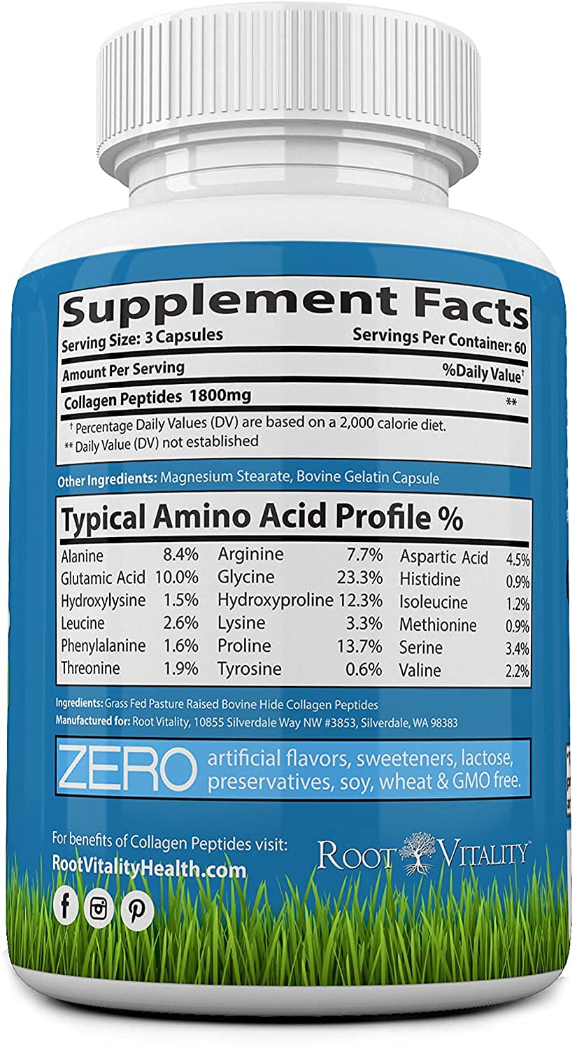 Root Vitality Collagen Peptides Capsules - Grass-Fed, Pasture-Raised Hydrolyzed Protein Supplement for Skin, Hair, & Nails - Non-GMO, Zero Sugar Daily Pills for Men & Women (180 Capsules)