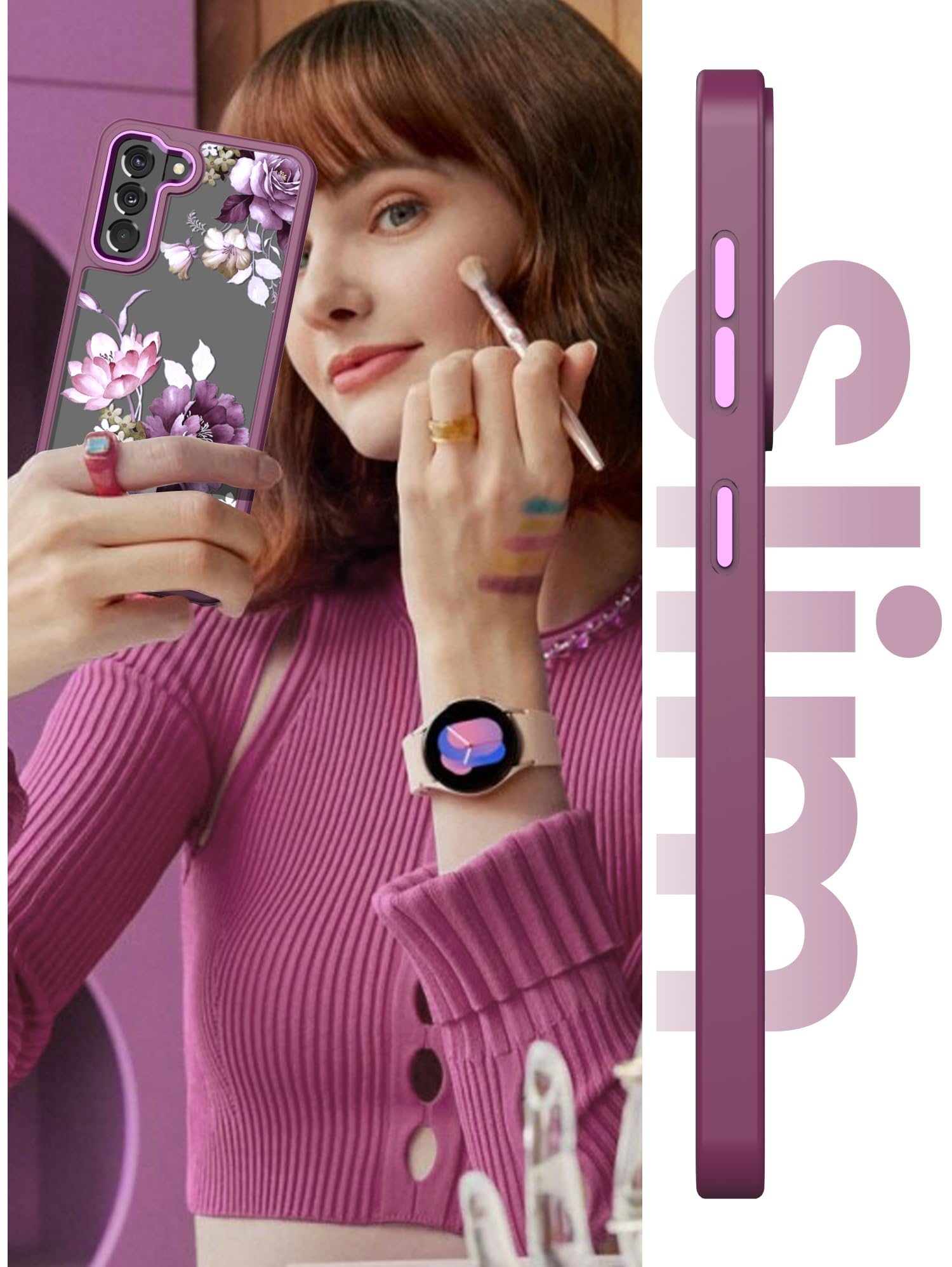 Dretal for Samsung Galaxy S21 5G Case Floral, Military Grade Drop Tested Hard Back & Soft Edge Slim Flower Women Girls Phone Protective Cover + Tempered Glass Screen Protector for Galaxy S21(Purple)