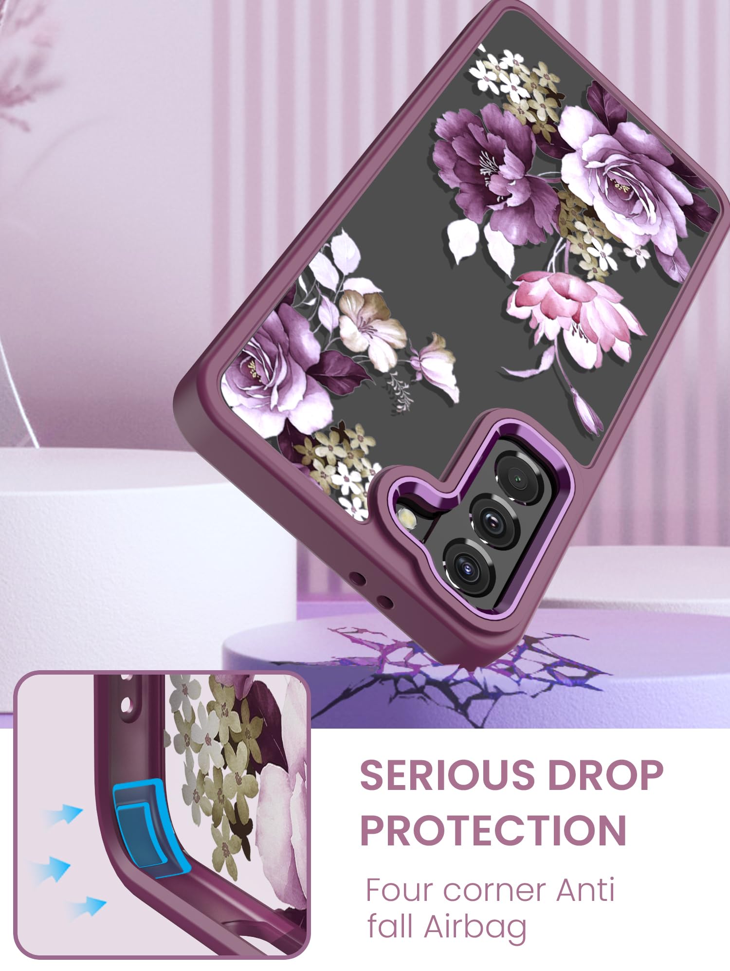 Dretal for Samsung Galaxy S21 5G Case Floral, Military Grade Drop Tested Hard Back & Soft Edge Slim Flower Women Girls Phone Protective Cover + Tempered Glass Screen Protector for Galaxy S21(Purple)