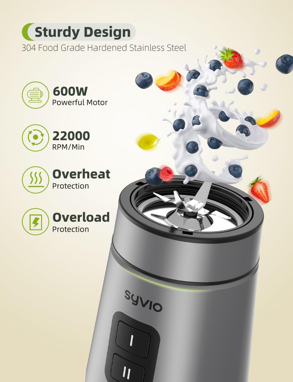 Syvio Blender for Shakes and Smoothies, 600W Personal Blender, Smoothie Blender with 2 Speed Control, Bullet Blender with 2 BPA-Free 20Oz Sport Cup