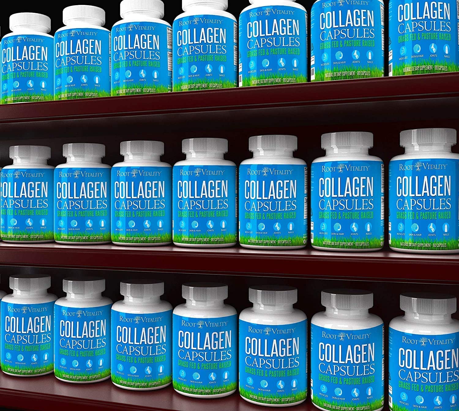 Root Vitality Collagen Peptides Capsules - Grass-Fed, Pasture-Raised Hydrolyzed Protein Supplement for Skin, Hair, & Nails - Non-GMO, Zero Sugar Daily Pills for Men & Women (180 Capsules)