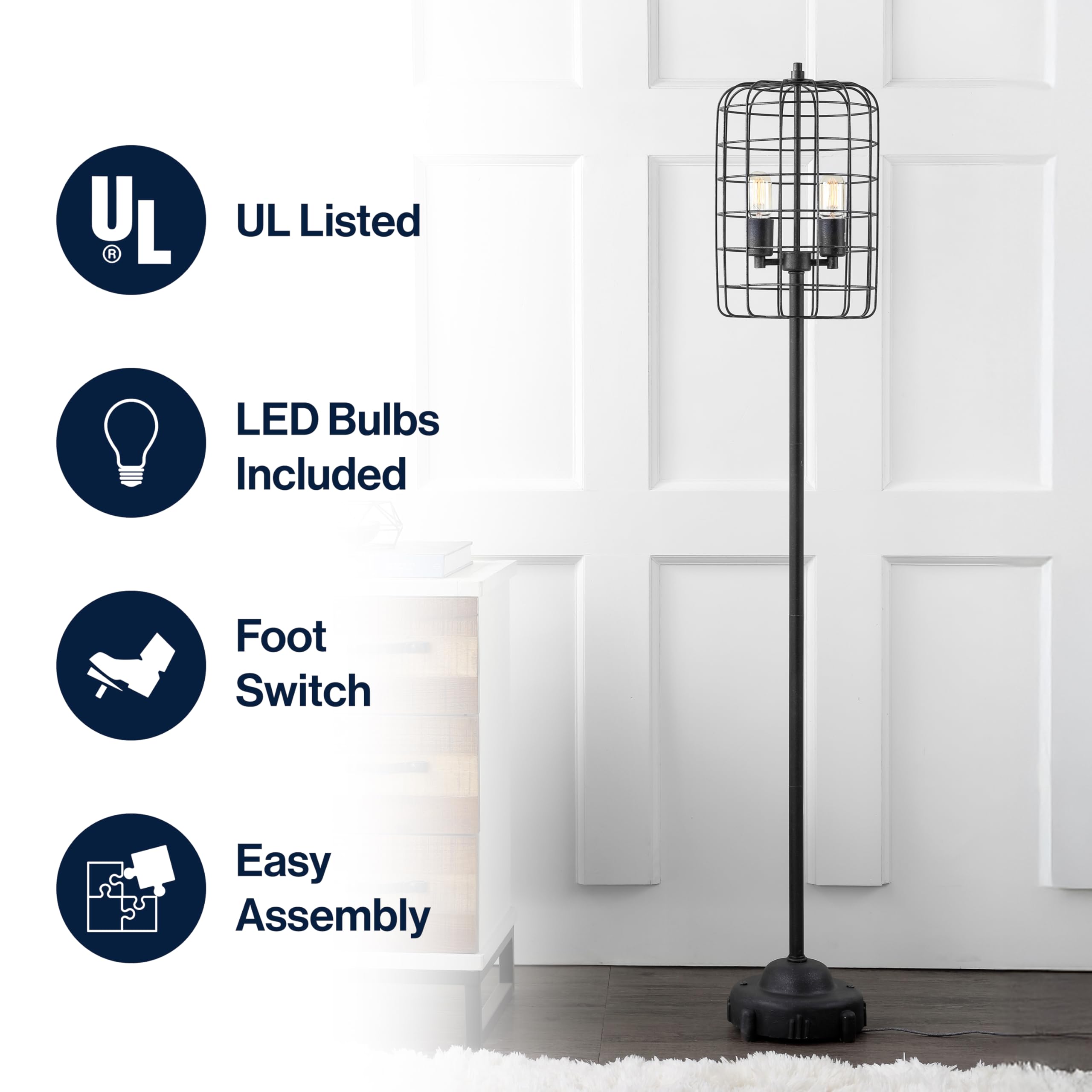 JONATHAN Y JYL4030A Odette 65" Industrial Metal Floor Lamp Industrial,Rustic,Transitional for Bedrooms, Living Room, Office, Reading, Black/Silver