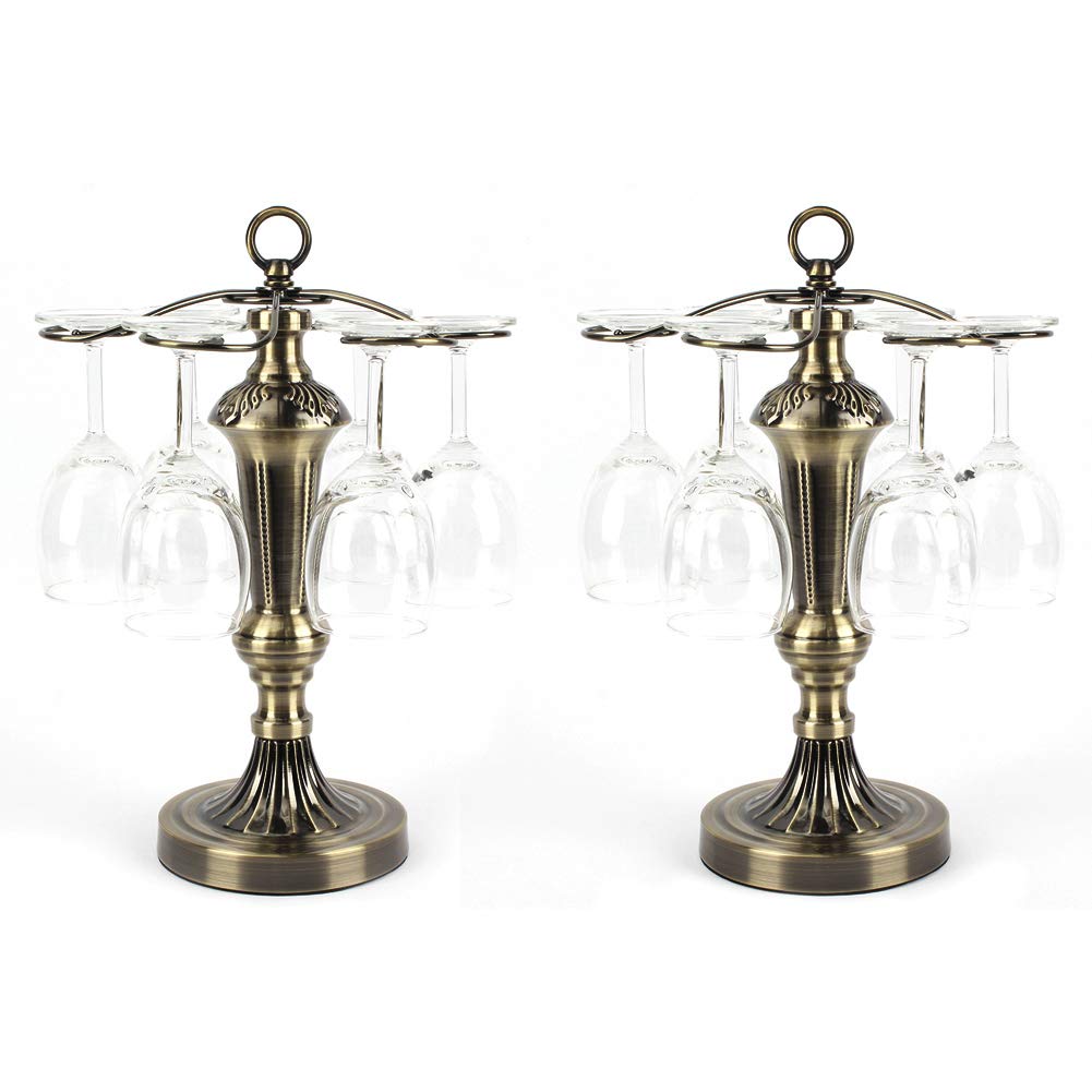 DreamiDeco Antique Countertop Stemware Holder and Wine Glass Drying Rack for Home and Bar, Each Holds 6 glasses (Brass, 2 Packs)