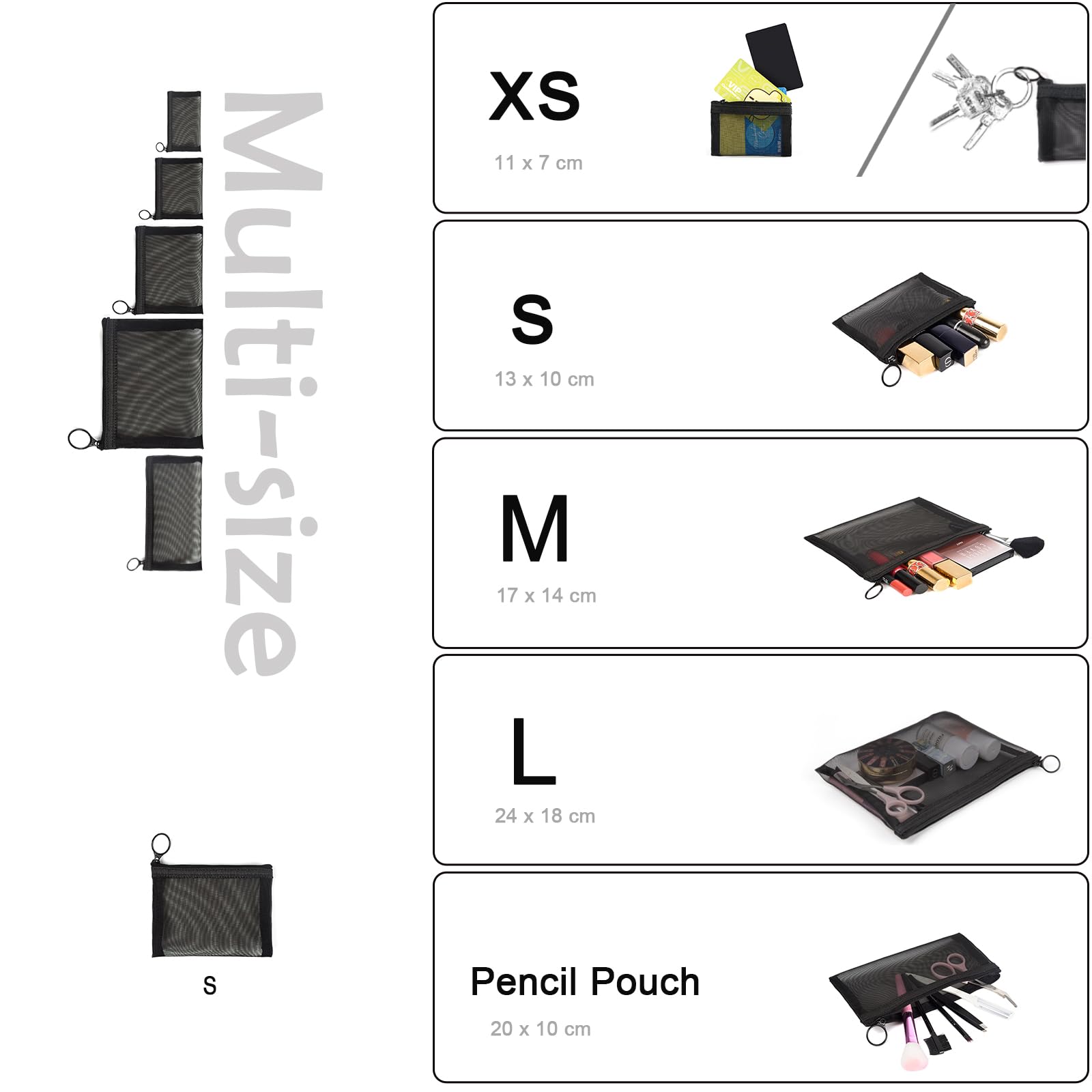 Patu Mini Zipper Mesh Bags, 4" x 5", Size S / A7, 5 Pieces, Beauty Makeup Lipstick Cosmetic Accessories Organizer, Small Travel Kit Storage Pouch, Black