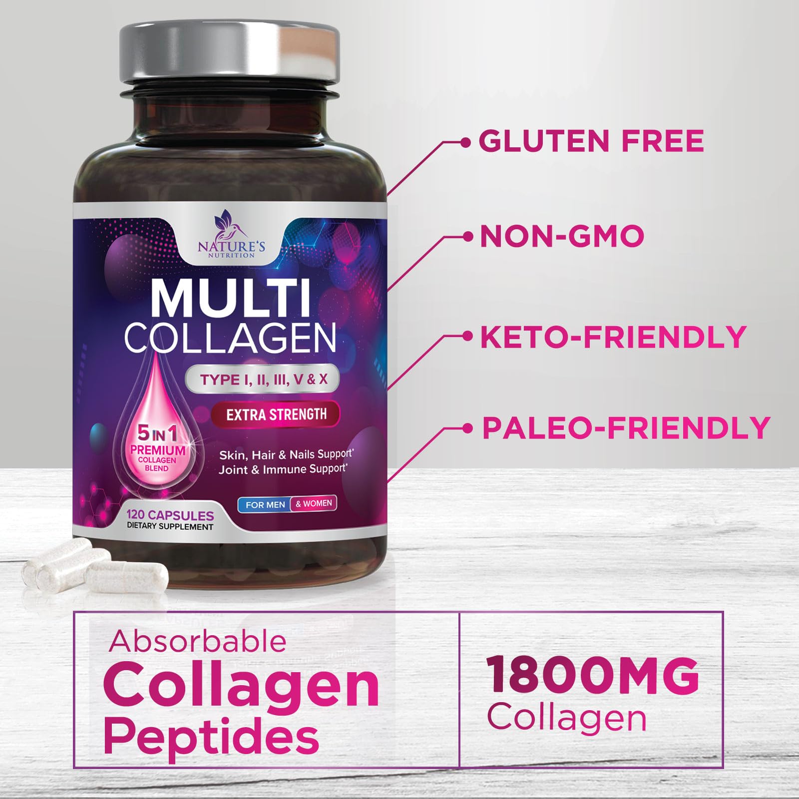 Collagen Peptides for Women & Men - Type I, II, III, V, X Multi Collagen Pills, Hydrolyzed Collagen Peptides Supplements, Nature's Hair, Skin, Nail, and Joint Support Supplement, Non-GMO, 120 Capsules