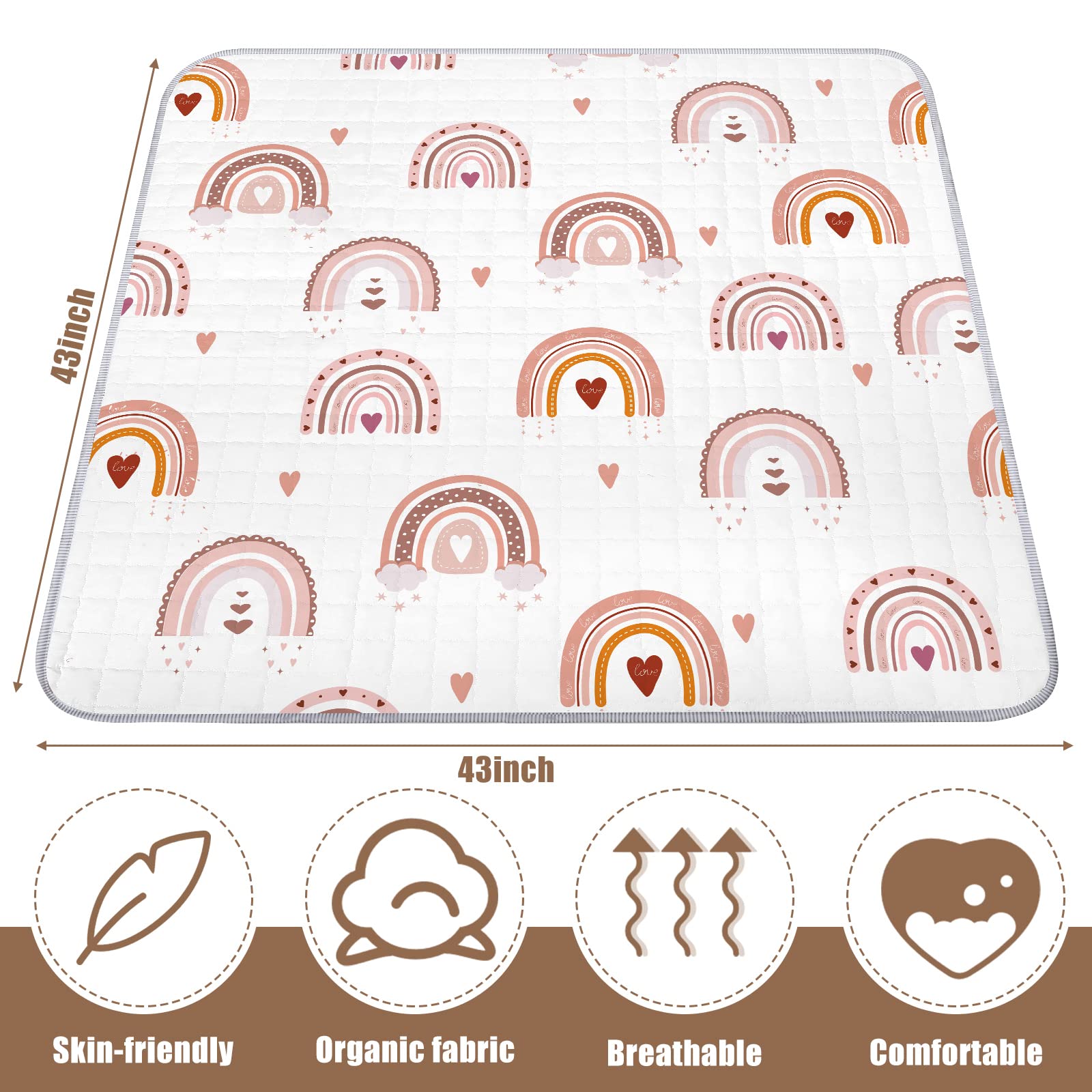 Boho Rainbow Portable Baby Play Mat, 43 x 43 Inch Washable Foldable Crawling Mat, Non Slip Playmat for Babies, Kids Play Mats Pad for Floor Playpen Toddler Infants Tummy Time Activity