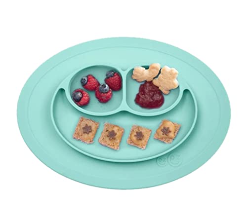 ezpz Mini Mat - 100% Silicone Suction Plate with Built-in Placemat for Infants + Toddlers - First Foods + Self-Feeding - Comes with a Reusable Travel Bag (Aqua)