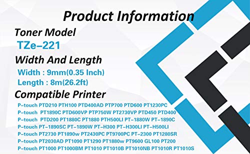 EASY PRINT Compatible P-Touch TZ221 TZe-221 Label Tape 9mm 0.35 Inch Laminated White TZ Tape Label Used for Brother Ptouch Label Maker PT-D200 PT-D210 PT-H100 PT-D400 PT-1290 PT-1750, 9mm x 8m, 5-Pack