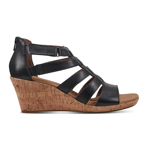 Rockport Women's Briah Gladiator Wedge Sandal, Black Leather, 6 M US