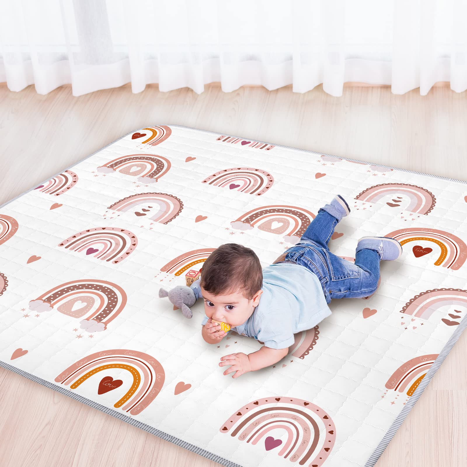 Boho Rainbow Portable Baby Play Mat, 43 x 43 Inch Washable Foldable Crawling Mat, Non Slip Playmat for Babies, Kids Play Mats Pad for Floor Playpen Toddler Infants Tummy Time Activity
