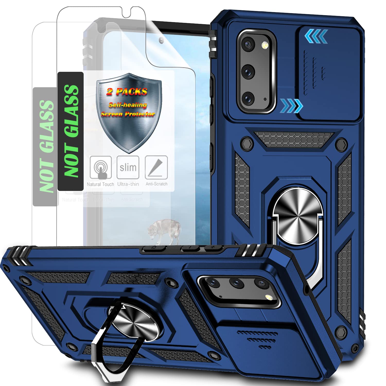 AYMECL for S20 Phone Case,Galaxy S20 Case with 2 Pcs Self-Healing Film,Slide Camera Cover Protective Case with Magnetic Ring Kickstand for Samsung Galaxy S20 5G,Blue