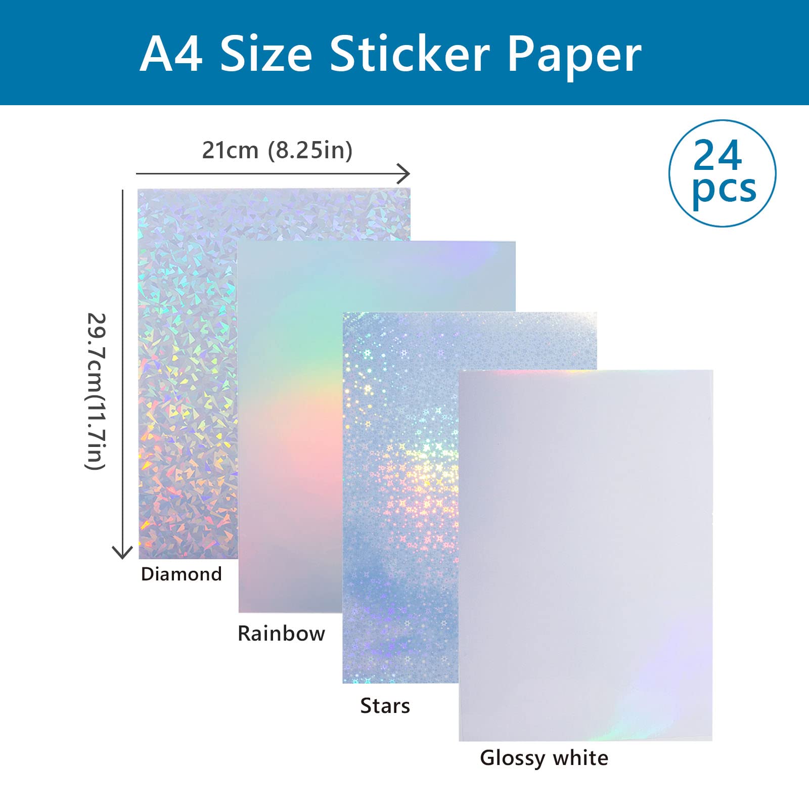 24 Sheets Vinyl Printable Sticker Paper A4 Size (8.25" x 11.7") Holographic Glossy Sticker Paper Self-Adhesive Waterproof Dries Quickly For Inkjet/Laser Printer