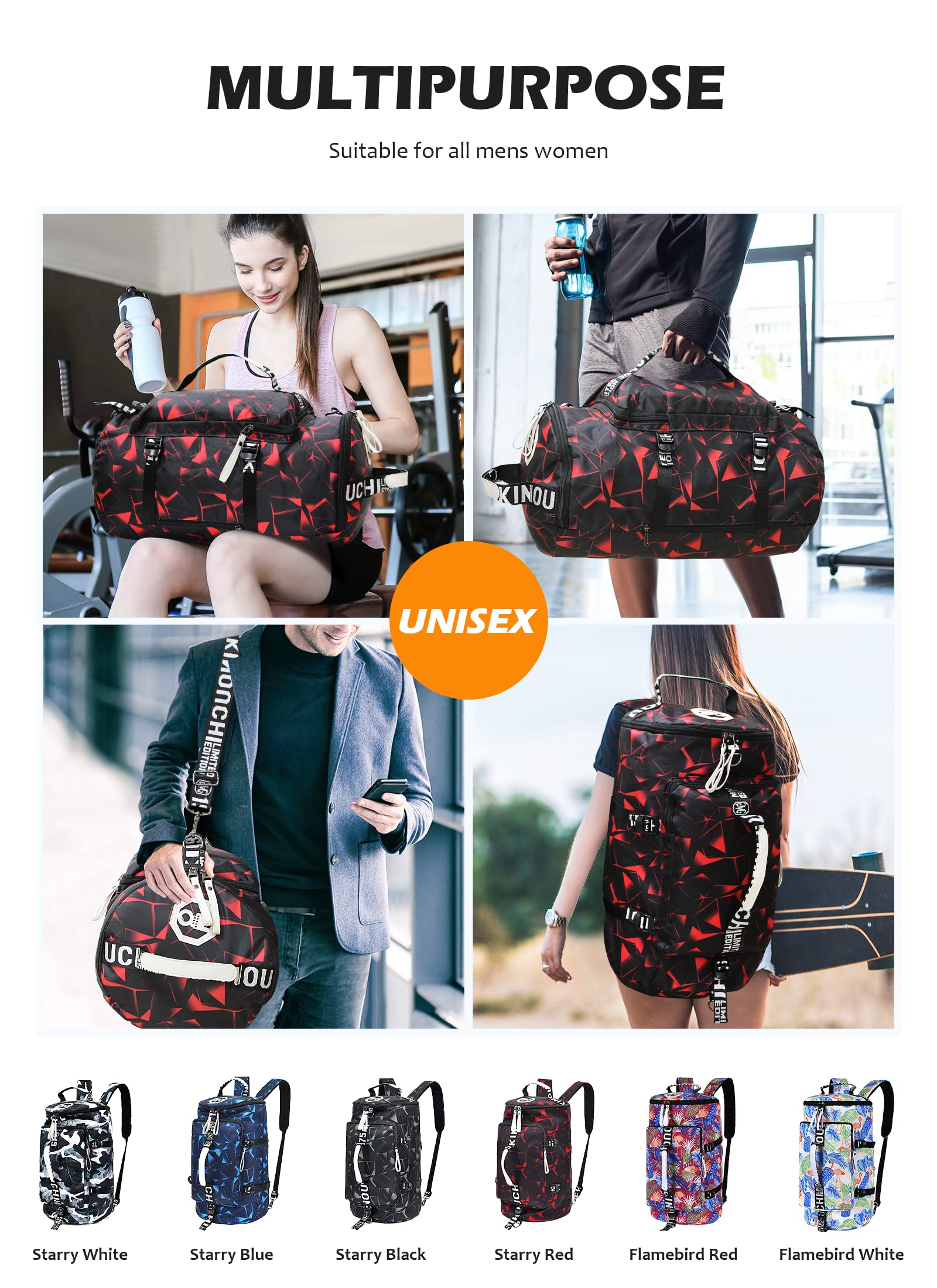 GGOV Gym Sport Bag Backpack Duffle Bag Weekender Bag Waterproof Travel Sling Bag Casual Daypack for Men and Women
