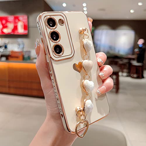 VANIPUFF Samsung Galaxy S21 5g Phone Case with Heart Bracelet Chain Strap Luxury Plating Cute Love Hearts Cover with Aesthetic Hearts Hand Chain for Women Camera Protection Shockproof Bumper (White)