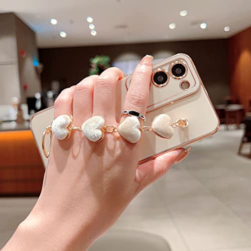 VANIPUFF Samsung Galaxy S21 5g Phone Case with Heart Bracelet Chain Strap Luxury Plating Cute Love Hearts Cover with Aesthetic Hearts Hand Chain for Women Camera Protection Shockproof Bumper (White)