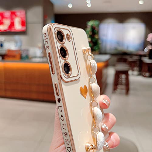 VANIPUFF Samsung Galaxy S21 5g Phone Case with Heart Bracelet Chain Strap Luxury Plating Cute Love Hearts Cover with Aesthetic Hearts Hand Chain for Women Camera Protection Shockproof Bumper (White)