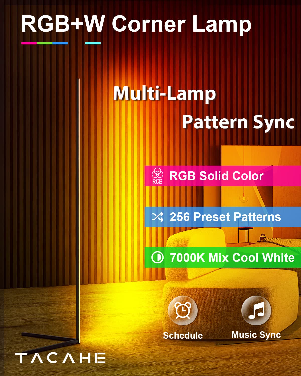 TACAHE Smart Corner Floor Lamp - Advanced Version, APP & Remote Control - Multi Lamp Pattern Sync - Transparent Lampshade with Ultra Brightness, Mood Light for Studio, Gaming Setup - 20W, Black