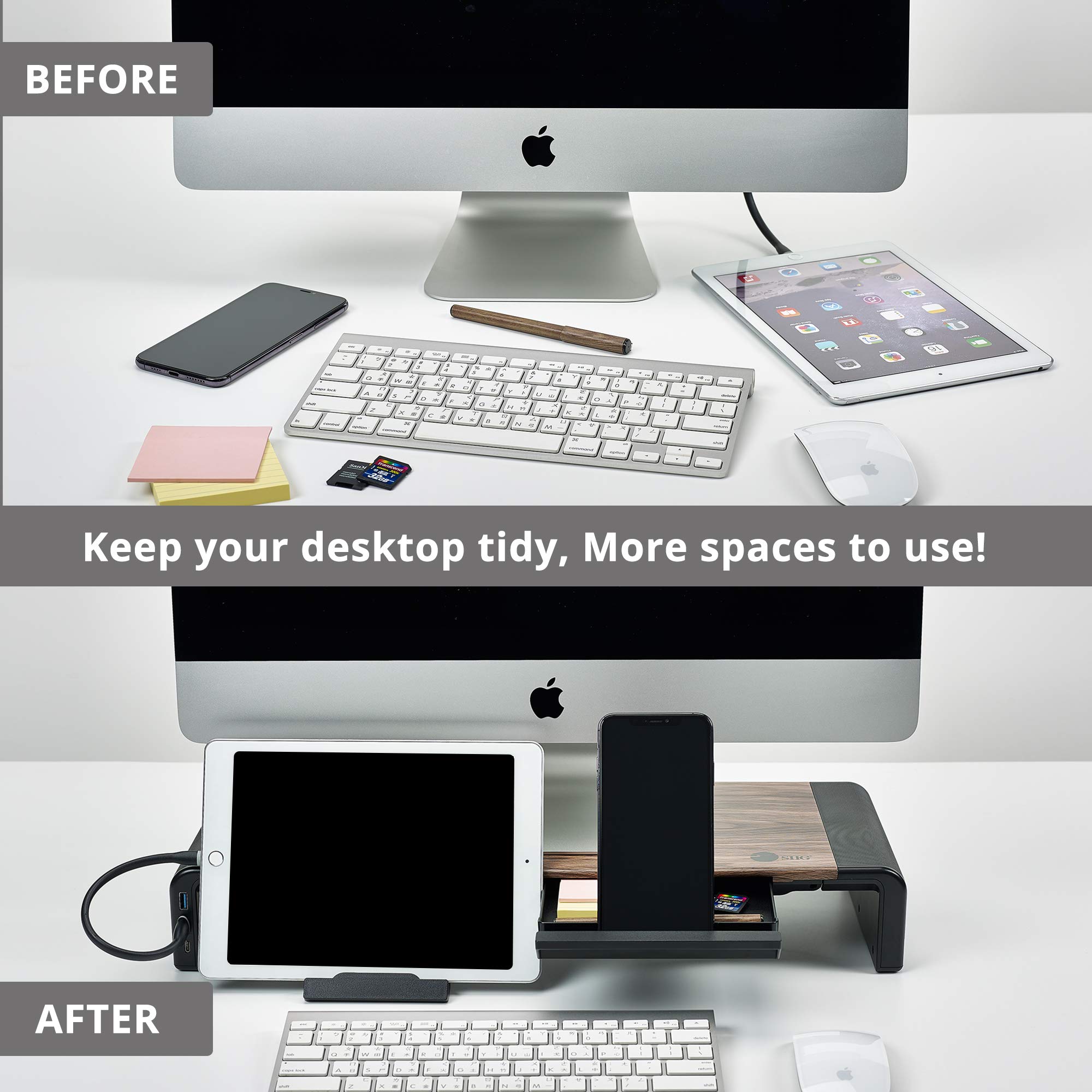 SIIG Computer Monitor and Laptop Stand Riser with USB Ports Width Adjustable on Both Sides - Support up to 55lbs (CE-MT2Q12-S1)