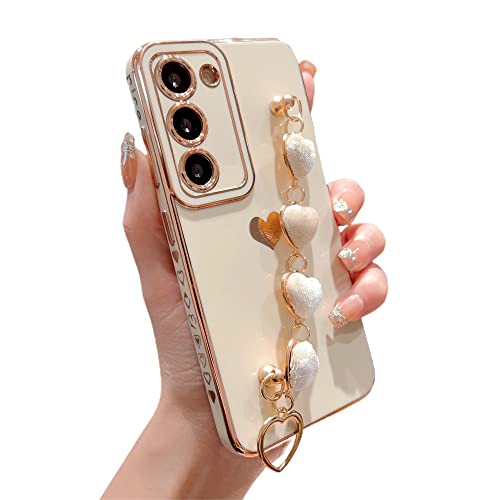 VANIPUFF Samsung Galaxy S21 5g Phone Case with Heart Bracelet Chain Strap Luxury Plating Cute Love Hearts Cover with Aesthetic Hearts Hand Chain for Women Camera Protection Shockproof Bumper (White)