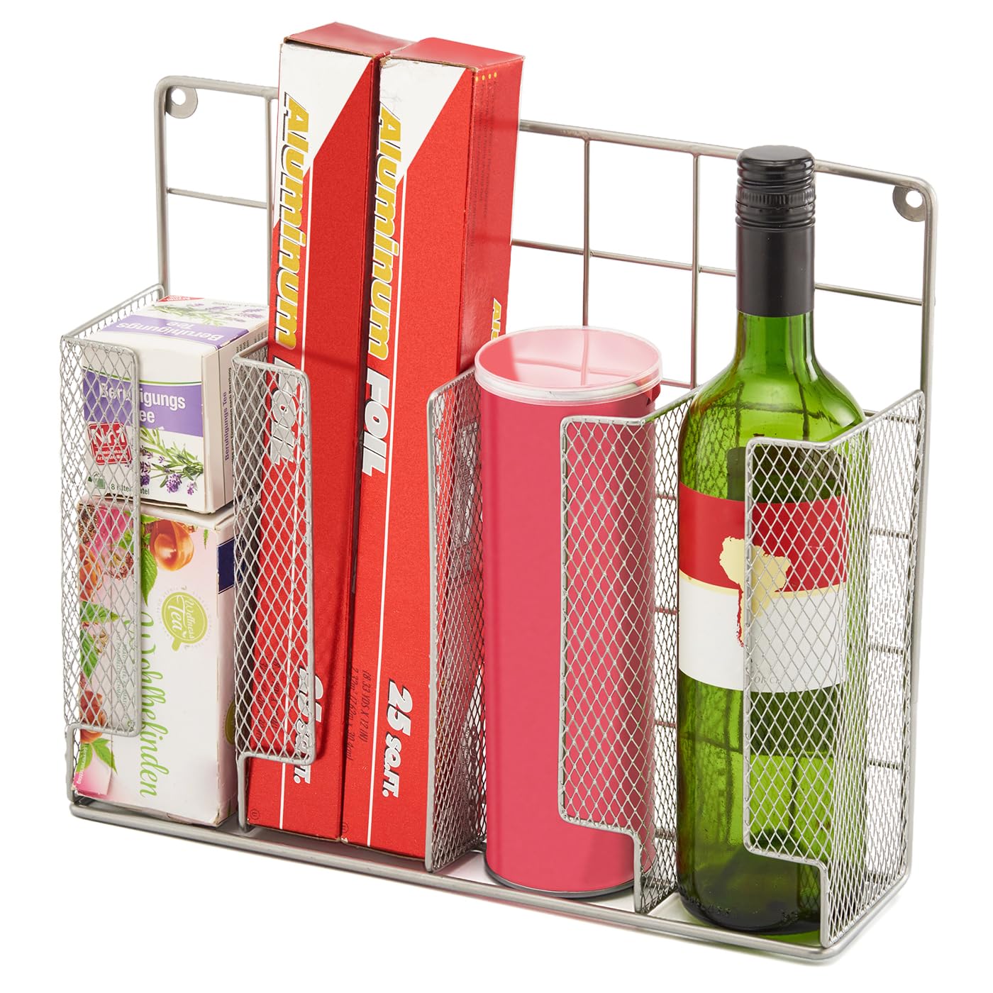 EZOWare Wall and Cabinet Door Mount Kitchen Wrap Organizer Rack Holder For Organizing Food Storage Bags, Aluminum Foil, Plastic Wrap, Wax Paper, Metal Silver