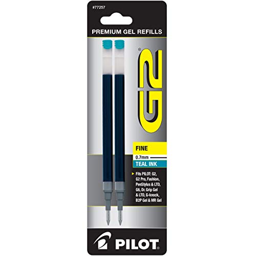 PILOT G2 Gel Ink Refills For Rolling Ball Pens, Fine Point, Teal Ink, 2-Pack (77257)