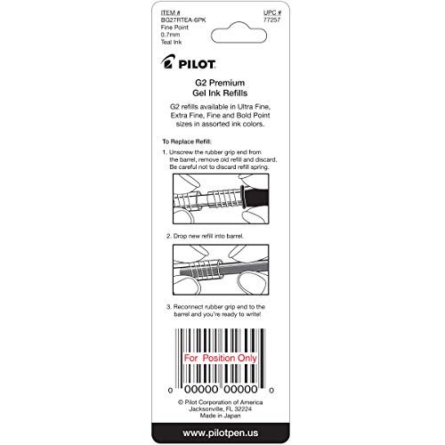 PILOT G2 Gel Ink Refills For Rolling Ball Pens, Fine Point, Teal Ink, 2-Pack (77257)