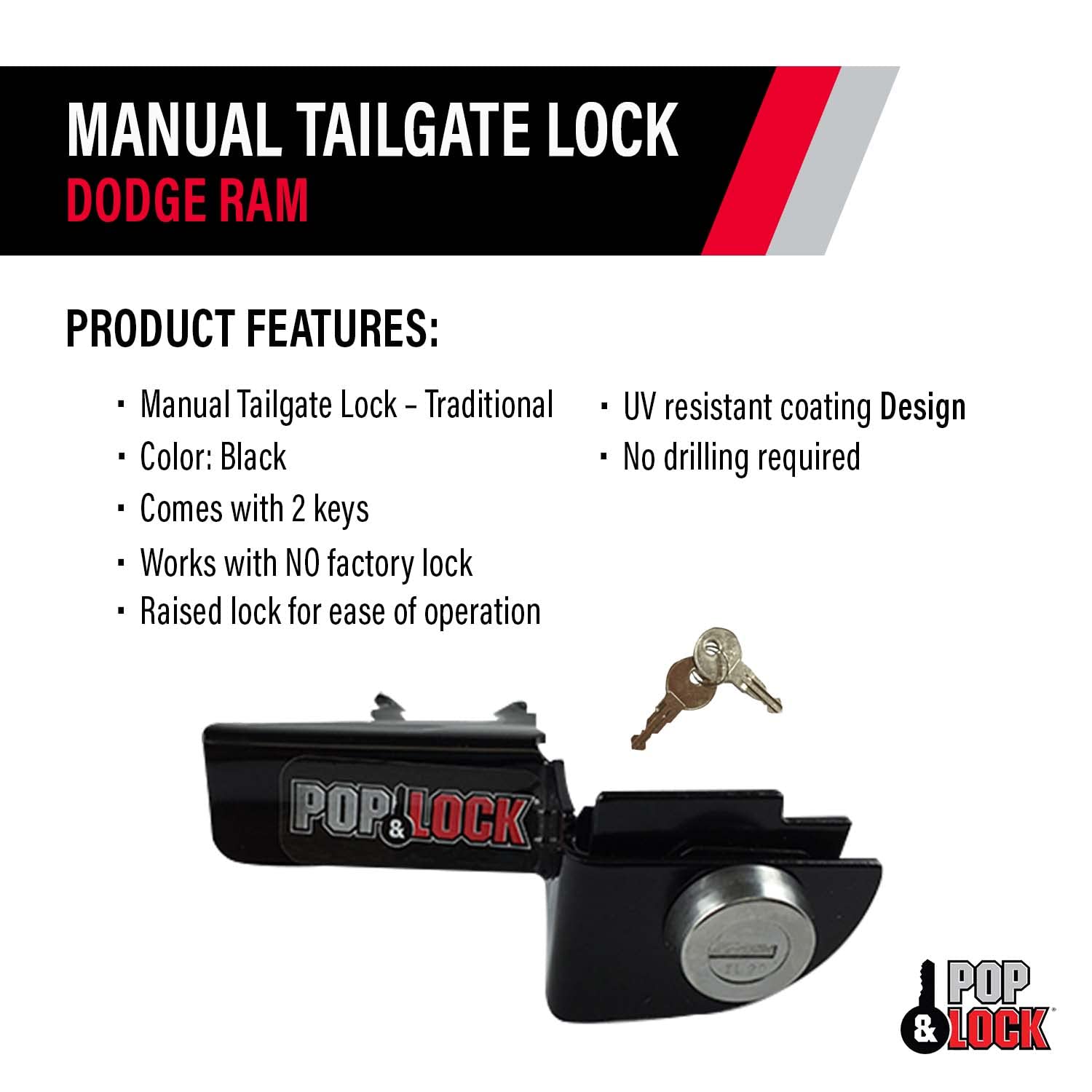 POP & LOCK – Manual Tailgate Lock for Dodge Ram 1500, 2500, and 3500, Fits 1994 to 2001 (Black, PL3300, Works with No Factory Lock)