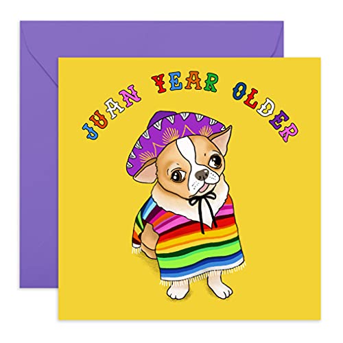 Funny Animal Birthday Card - 'Juan Year Older' - For Mom Dad Husband Wife Him Her Men & Women - Cute Dog - Birthday Cards Joke - Comes With Fun Stickers - By Central 23