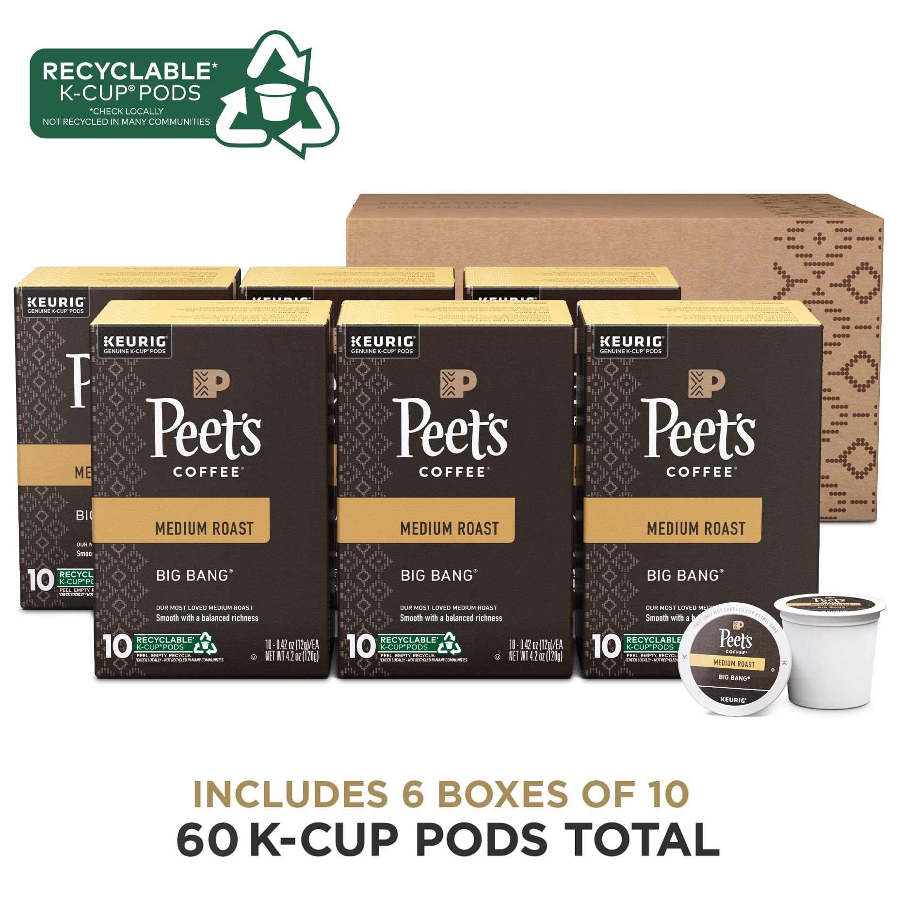 Peet's Coffee, Medium Roast K-Cup Pods for Keurig Brewers - Big Bang , 10 Count (Pack of 6), Packaging May Vary
